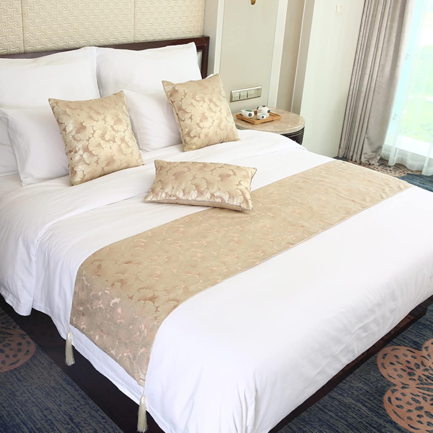 TTiiLoe Gold Bed Runner Throw Jacquard Bed Scarf for Foot of Bed Ginkgo ...