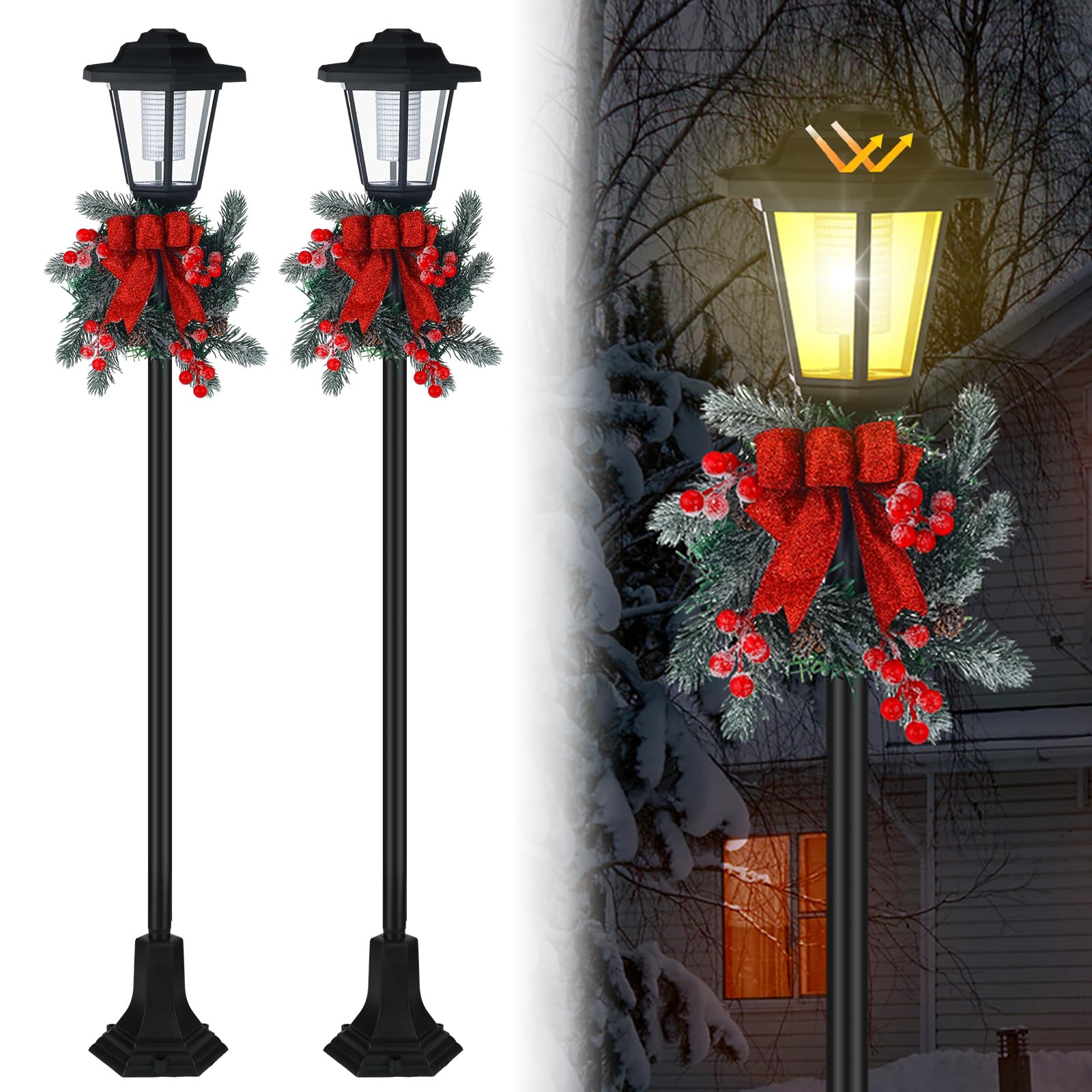VIHOSE 2 Pcs 53 inch Solar Christmas Lamp Post with Red Bow Wreath ...