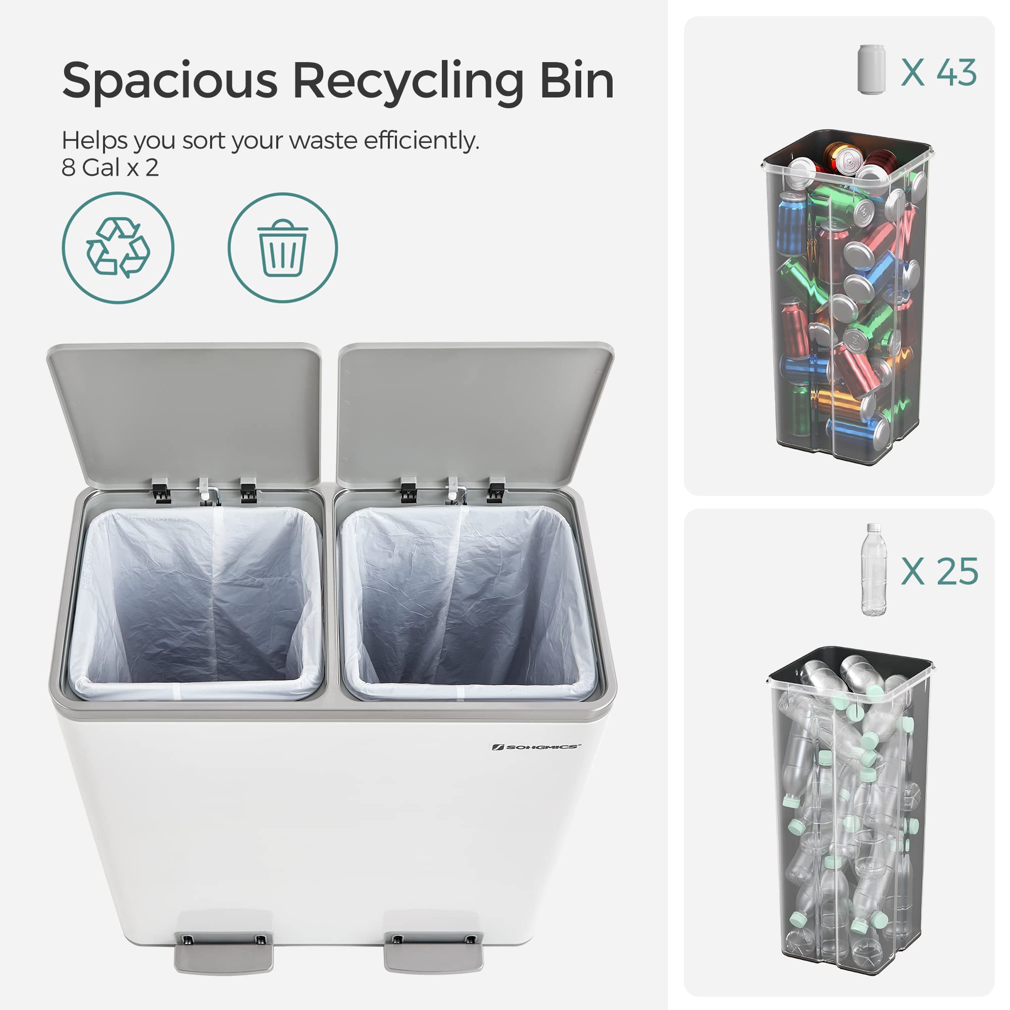 SONGMICS Dual Rubbish Bin 2 X 30L Recycling Bin And 15 Rubbish Bags songmics-dual-rubbish-bin-2-x-30l-recycling-bin-and-15-rubbish-bags