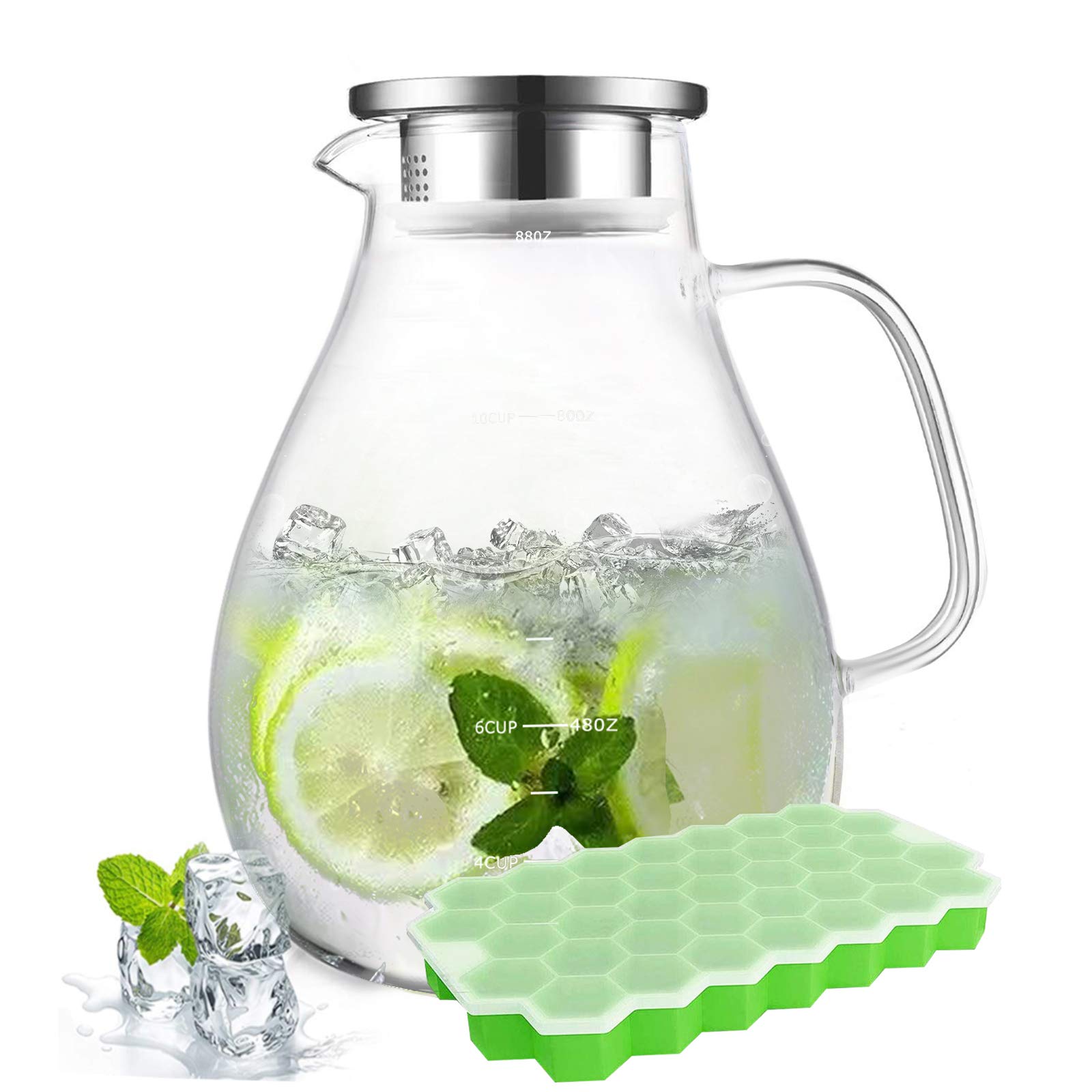 88oz Large Glass Water Pitcher With Lid And Spout Stainless ...