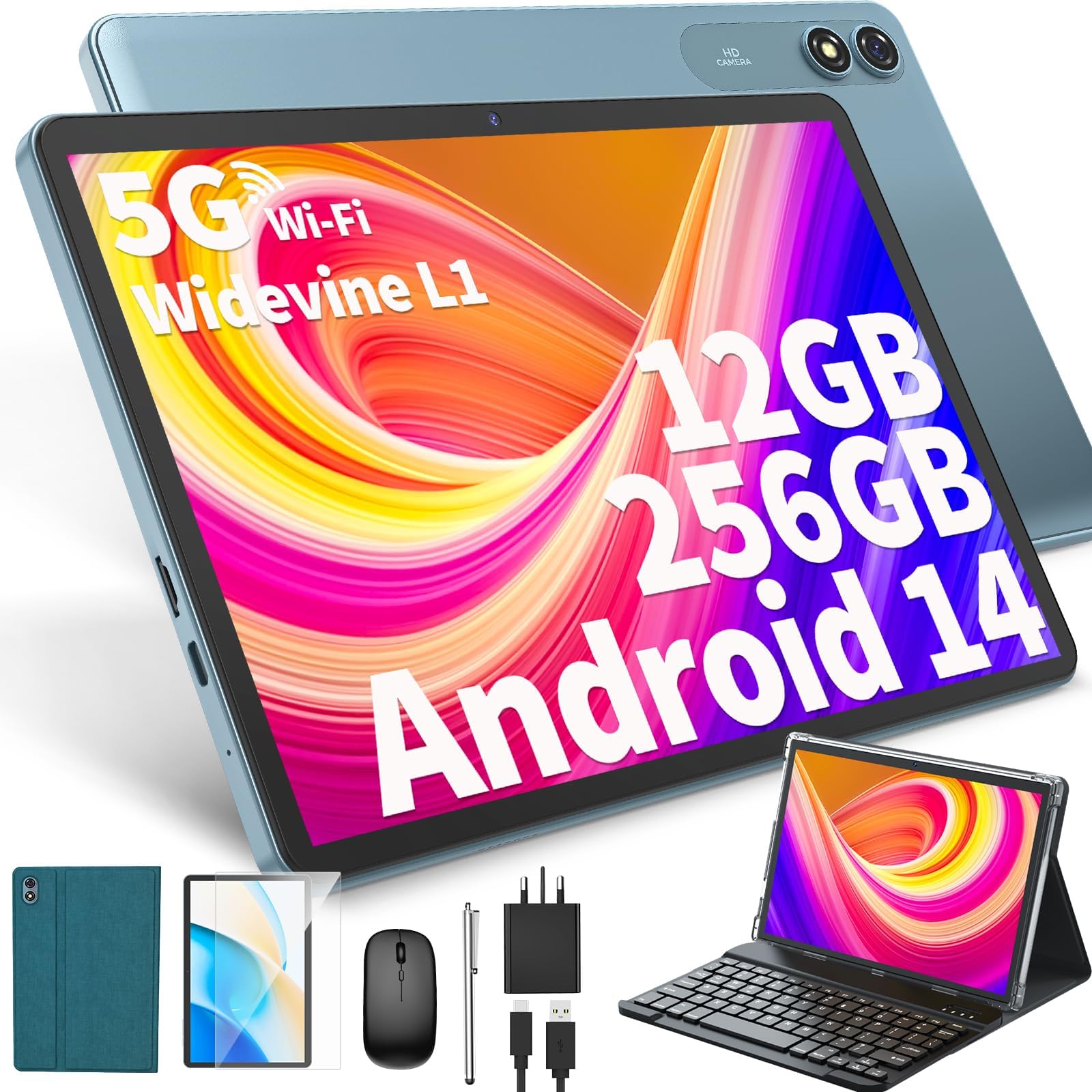 JJGJ 10 inch Android Tablet, Android 14 Tablet with Keyboard, 12GB ...