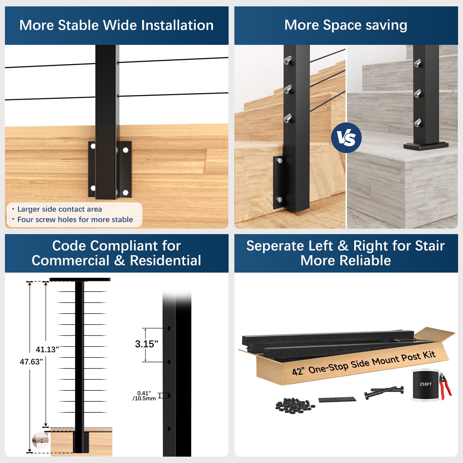 Snapklik.com : Gyykzz 42" All-Black Side Mount Cable Railing Post Kits ...