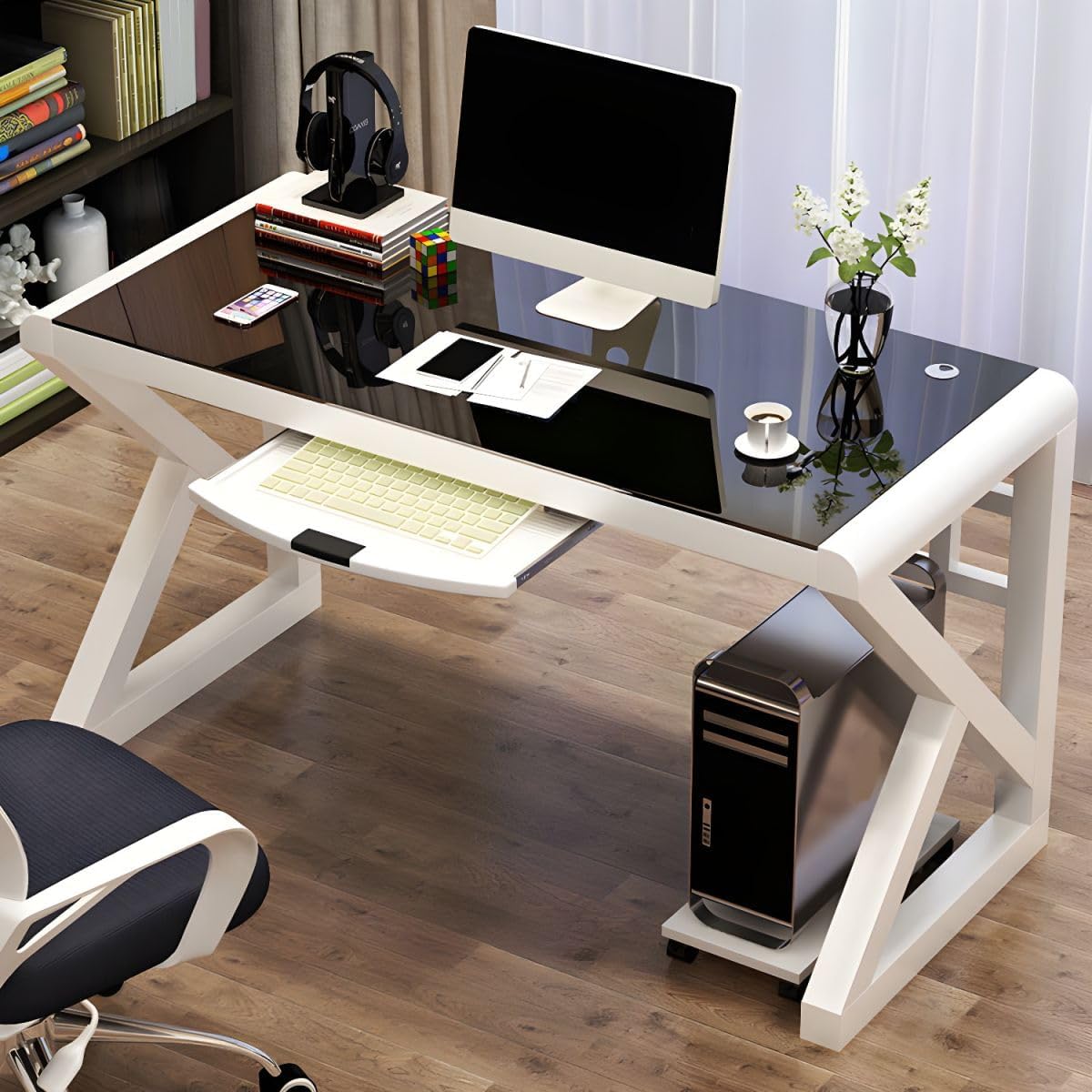 Amazon.com: KWOKING Glass Top Computer Desk Office Desk with Metal Legs ...