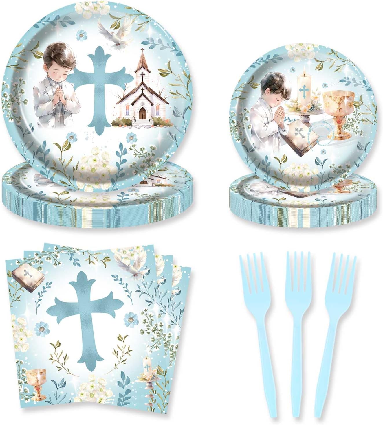 Amazon.com: blue boy First Communion party plates and napkins and fork ...