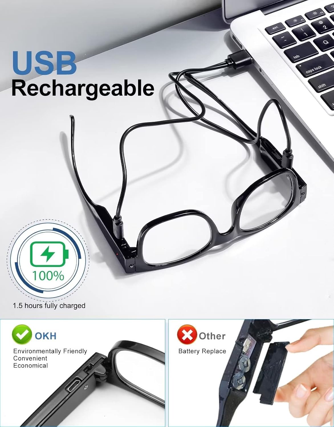 OKH Reading Glasses with Lights, Bright LED Readers, USB Rechargeable ...