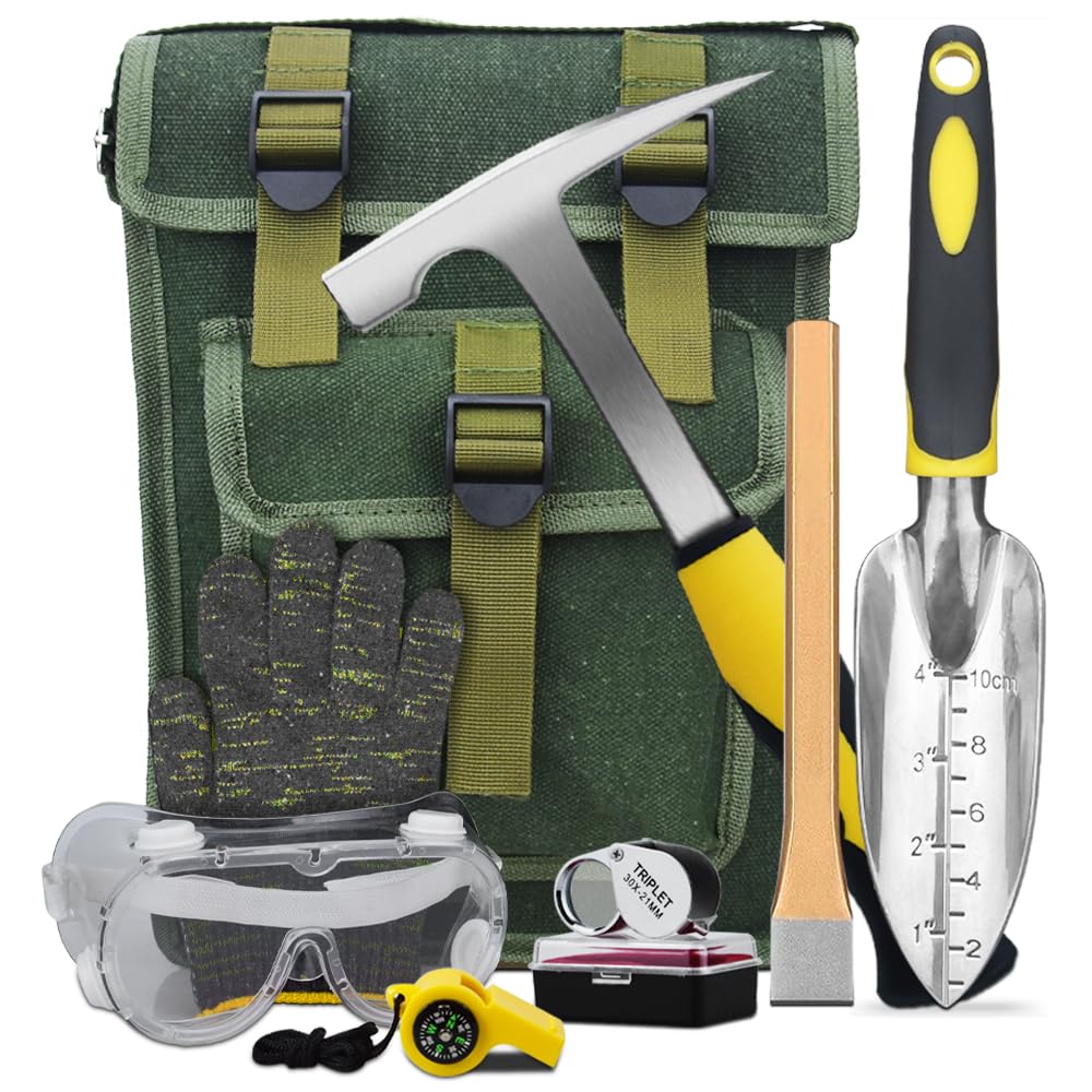 8 PCS Rockhounding Tools - Geology Rock Pick Hammer Kit, Musette Bag ...