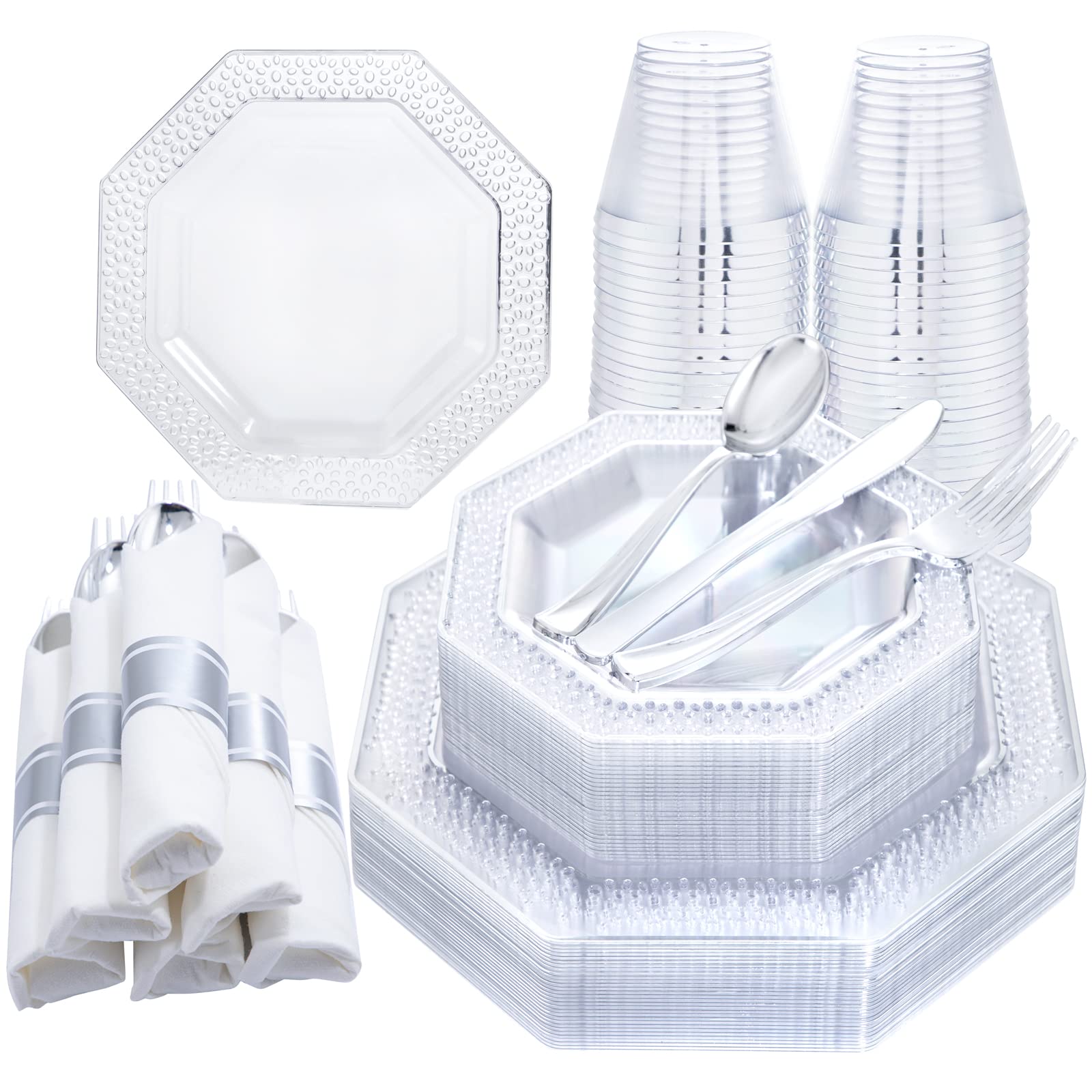 DaYammi 30Guest Silver Plastic Plates with silverware, Silver ...