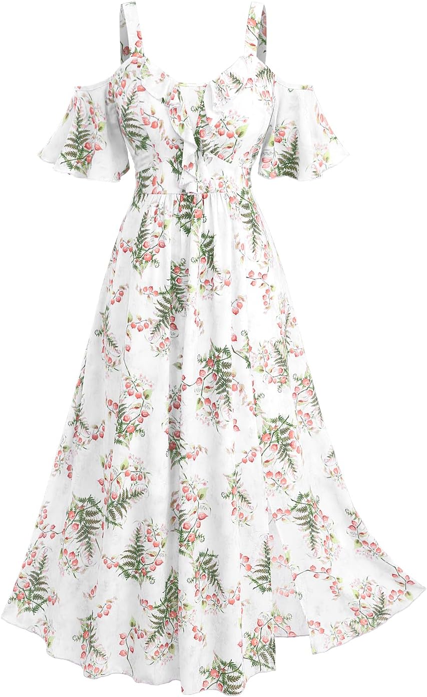 Rosegal レディース プラスサイズ 夏 コールドショルダー フローラル サンドレス フリル スプリットヘム コテージコア マキシ 流れる ...