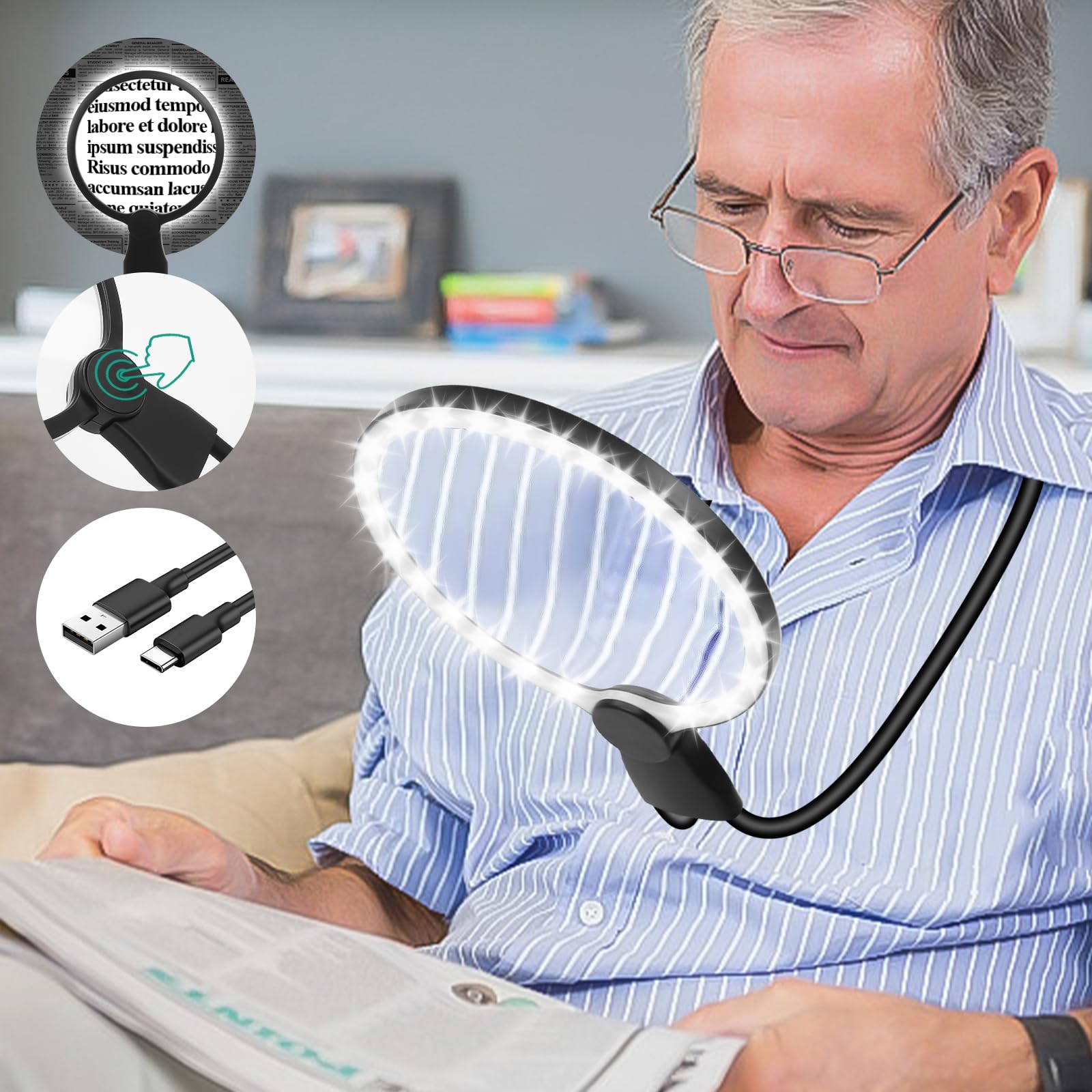 5X Rechargeable Hands Free Magnifying Glass with Light, Flexible ...