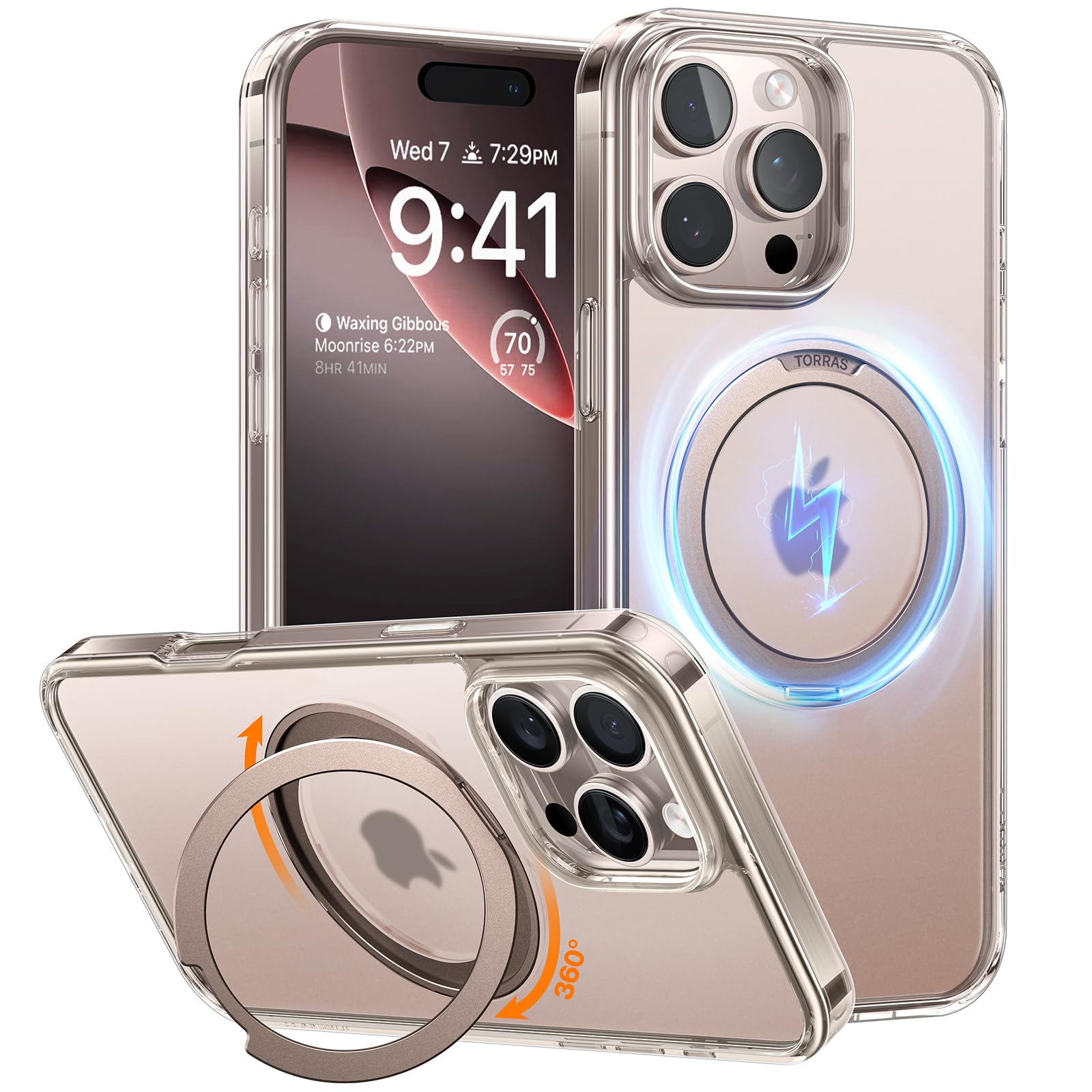 TORRAS 360° Rotatable Ring for iPhone 16 Pro Max Case with Stand, Compatible with MagSafe ...