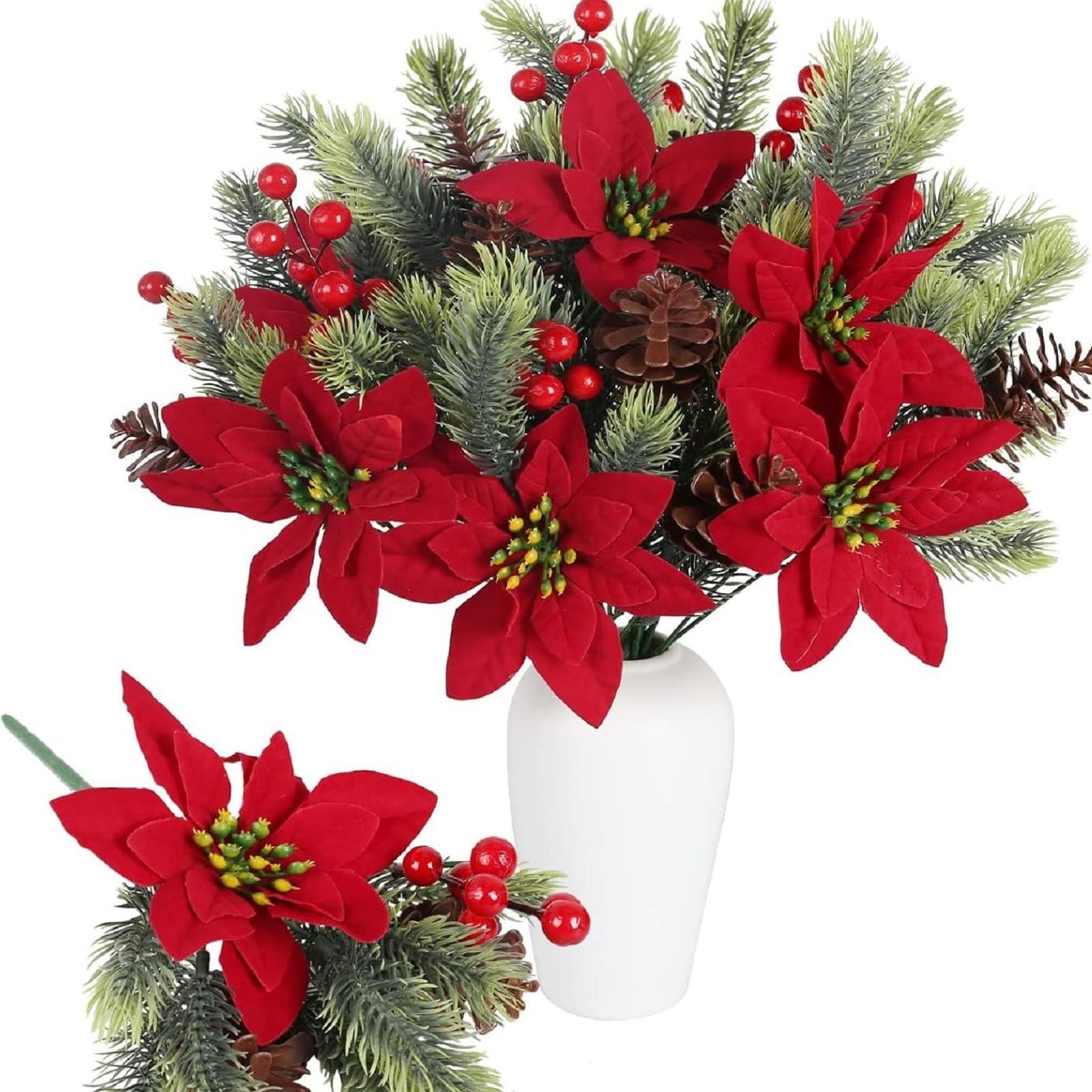 Amazon.com: 6PCS Silk Poinsettias Artificial Christmas Flowers Fake ...