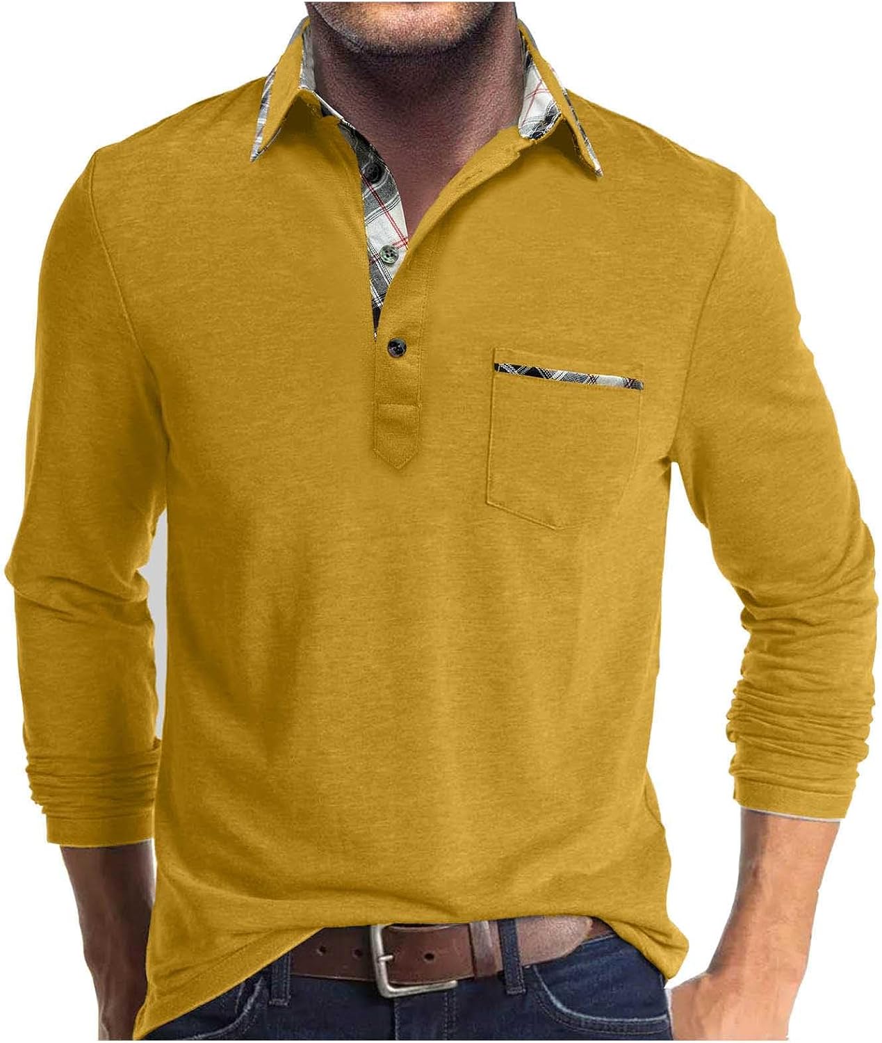 Men Fall Winter Polo Shirts Long Sleeved Flip Collar Tops Pocket Button ...