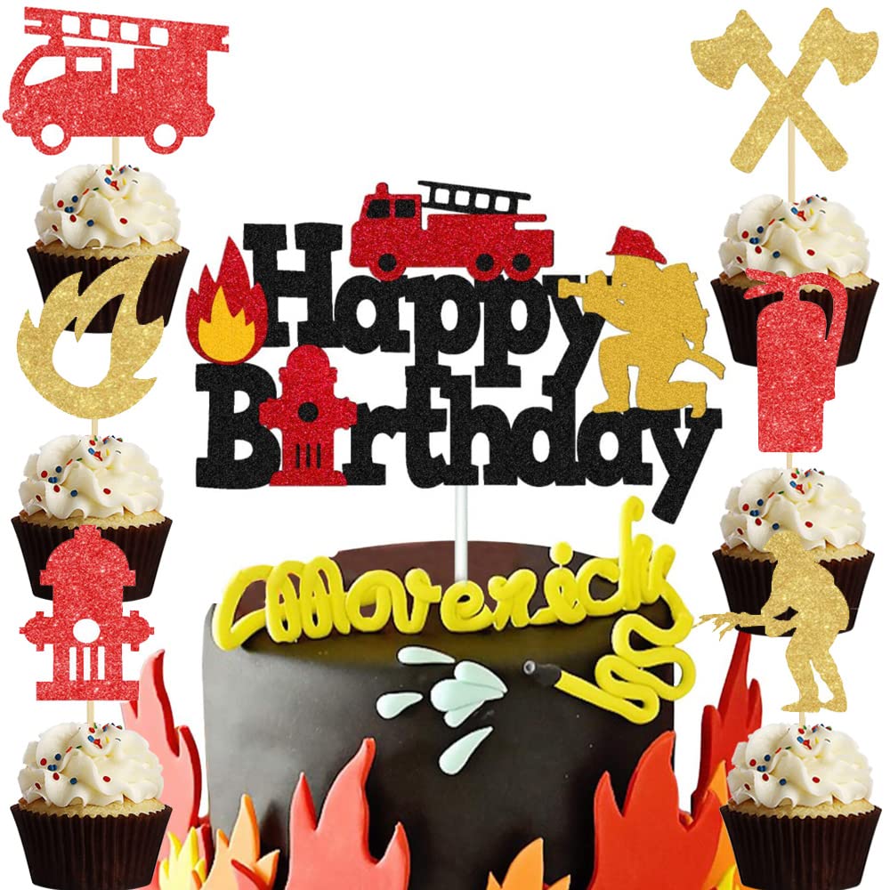 Ygchen Cake Topper Firefighter Cake Topper Fire Truck Toppers For Cakes ...