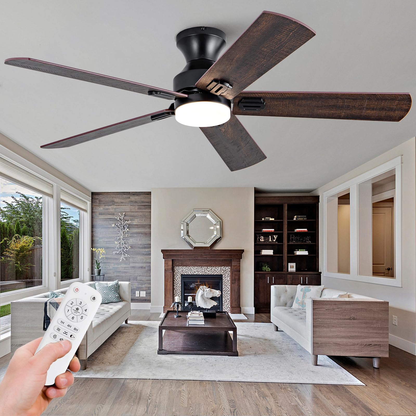 KENSID 48 Inch Black Ceiling fans with lights and Remote,Low Profile ...