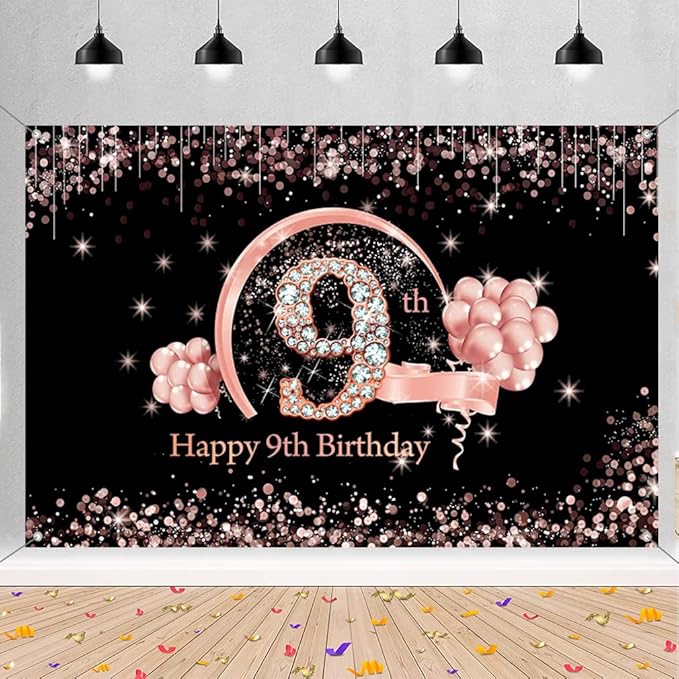 Amazon.com : Happy 9th Birthday Decorations Backdrop Banner for Girls ...