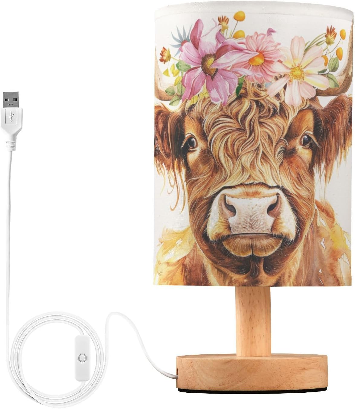 Oarencol Bedside Table Lamp Cute Highland Cow Flowers Nightstand Lamp ...