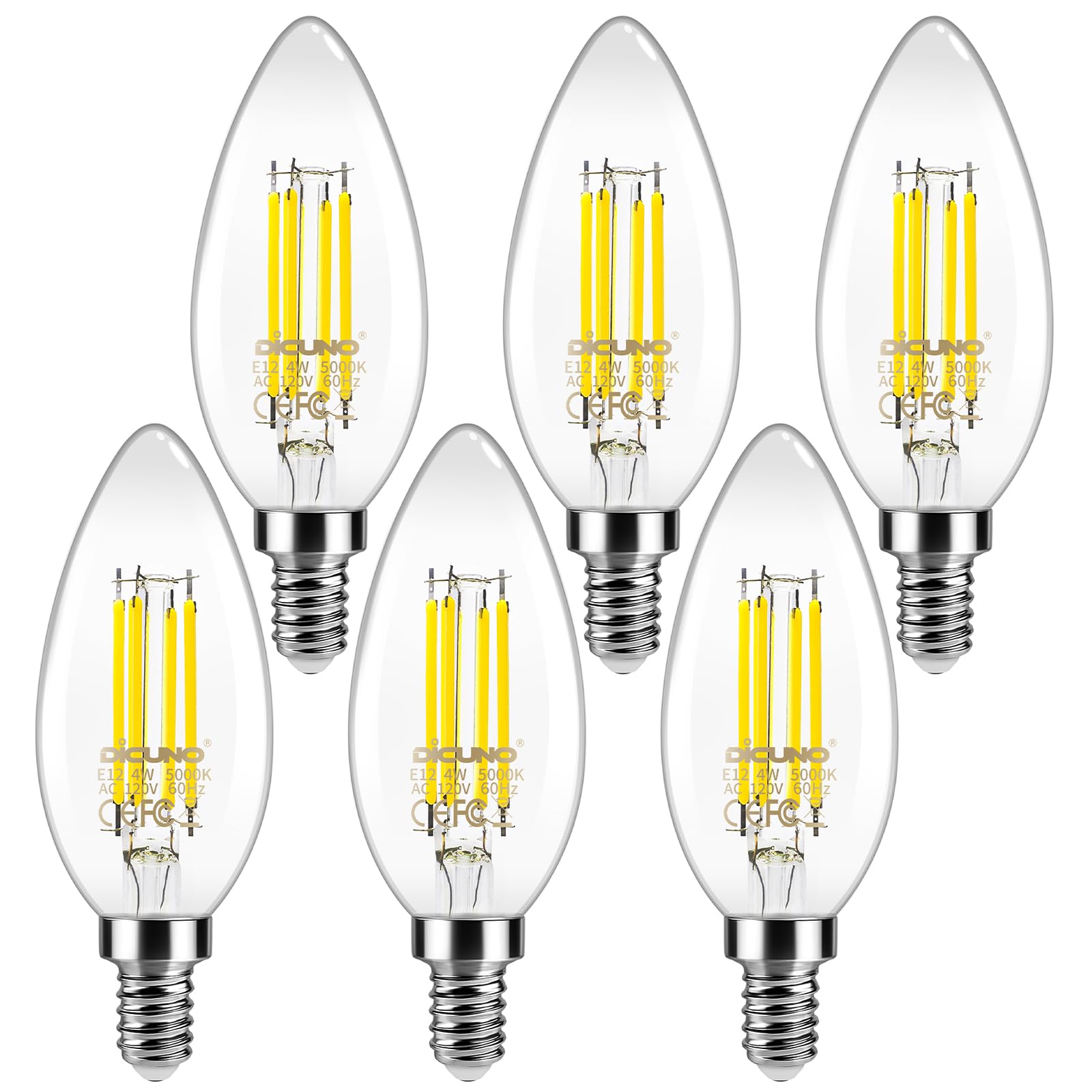 DiCUNO E12 Candelabra LED Bulb 40 Watt Equivalent, 5000K Daylight White Non-Dimmable Ceiling Fan ...