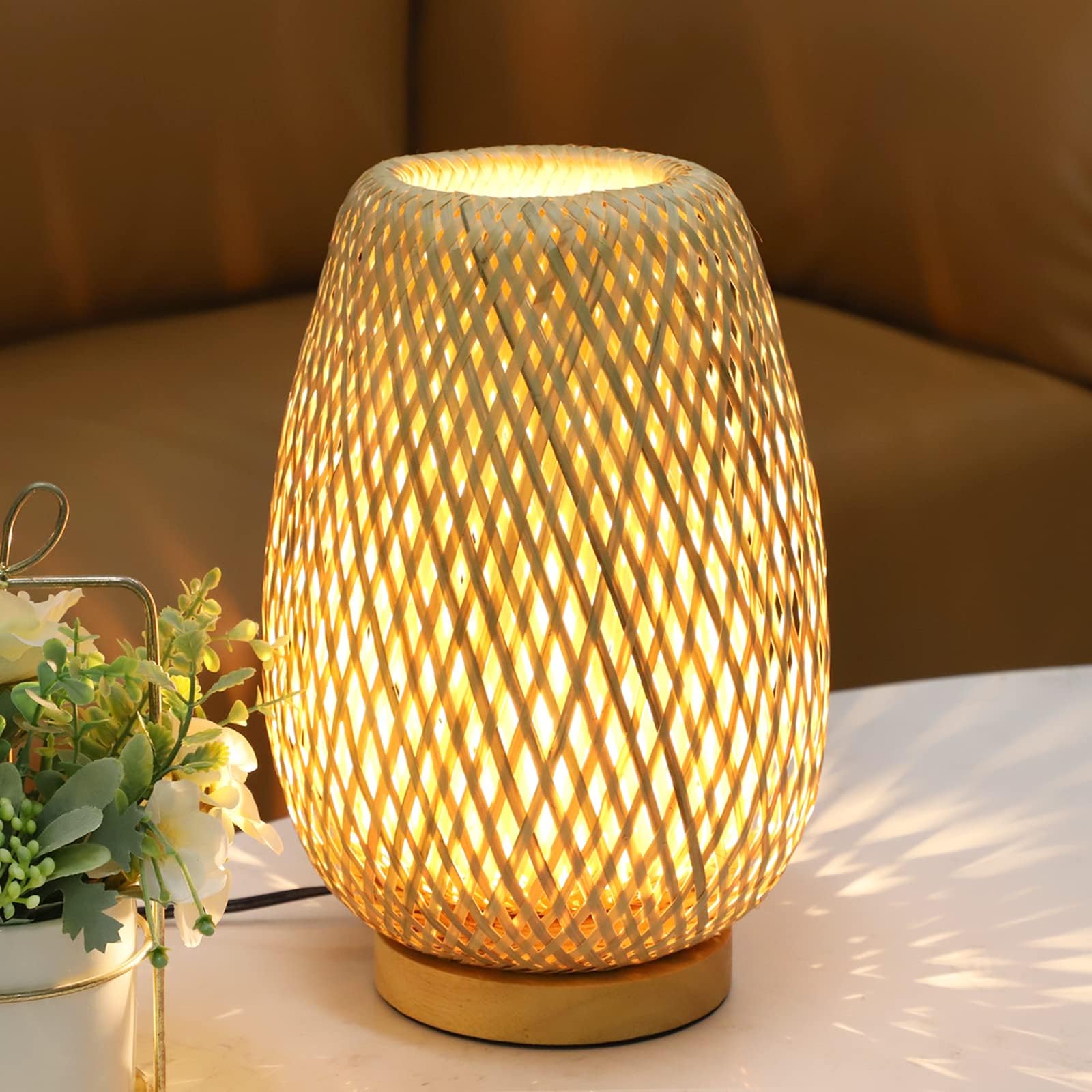 Capslpad Dimmable Rattan Table Lamp Bamboo Woven Boho Beside Lamp Small ...