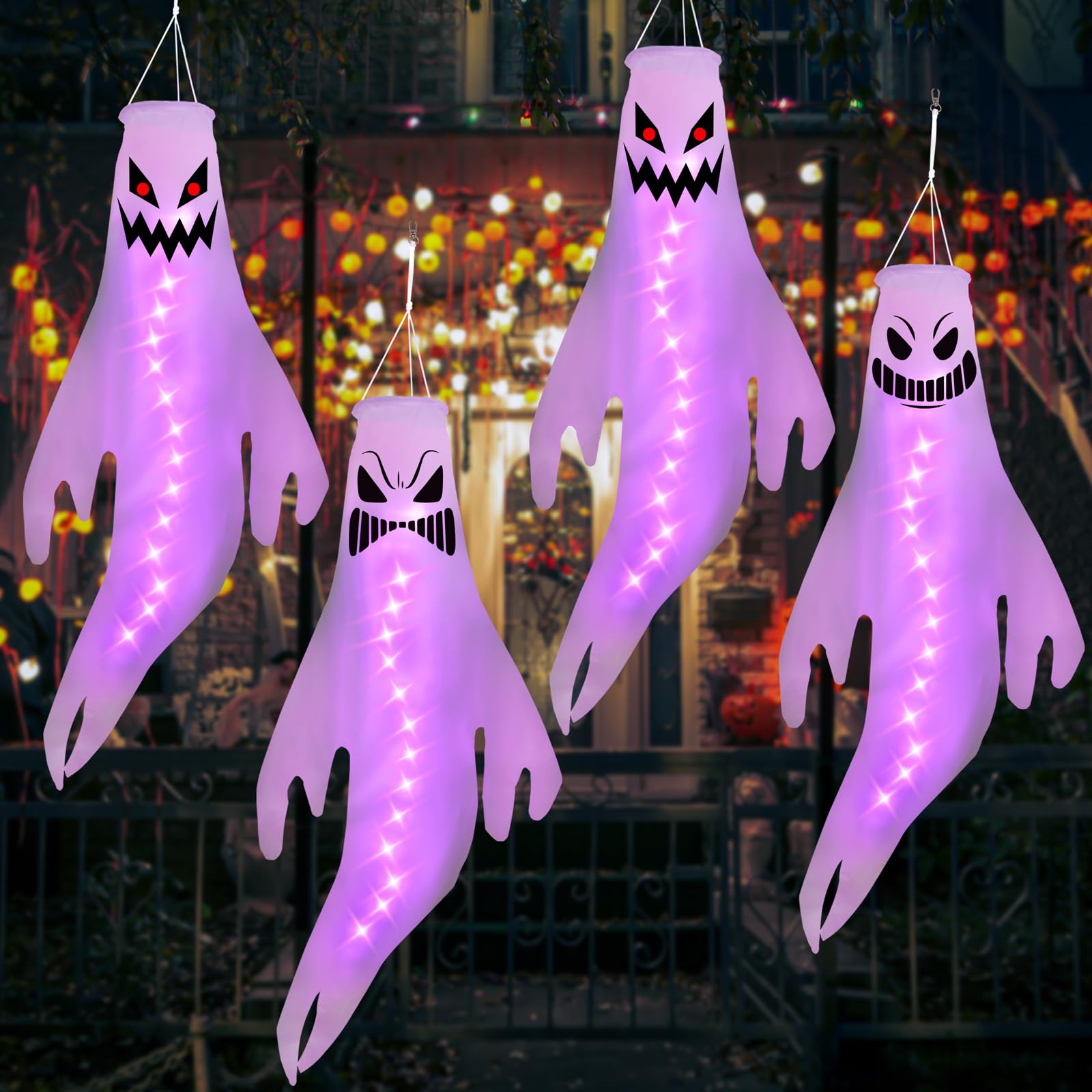 Amazon.com: Geefuun 4PCS Purple Halloween Fierce Ghost Windsocks ...