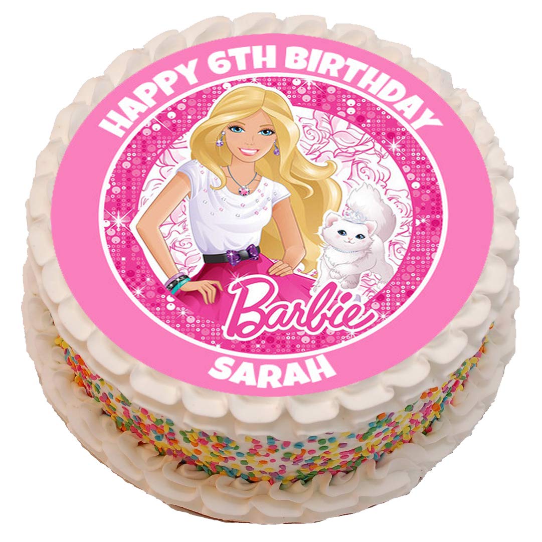 Buy Barbie Theme Personalised PRECUT Cake Topper 8 Inch Round Edible ...