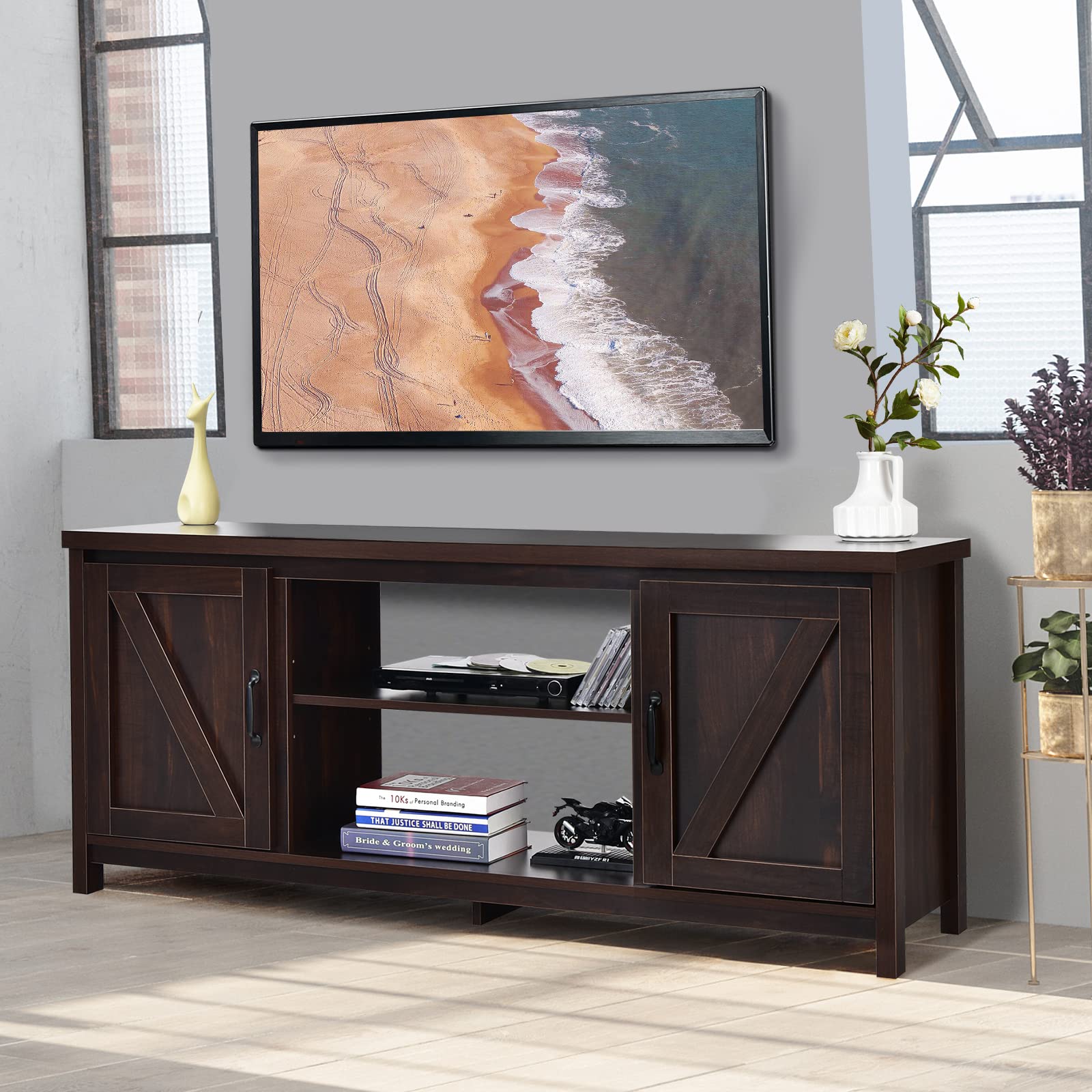 Adjustable Shelf TV Console Barn Door TV Stand For Up To 65 Inch TV ...