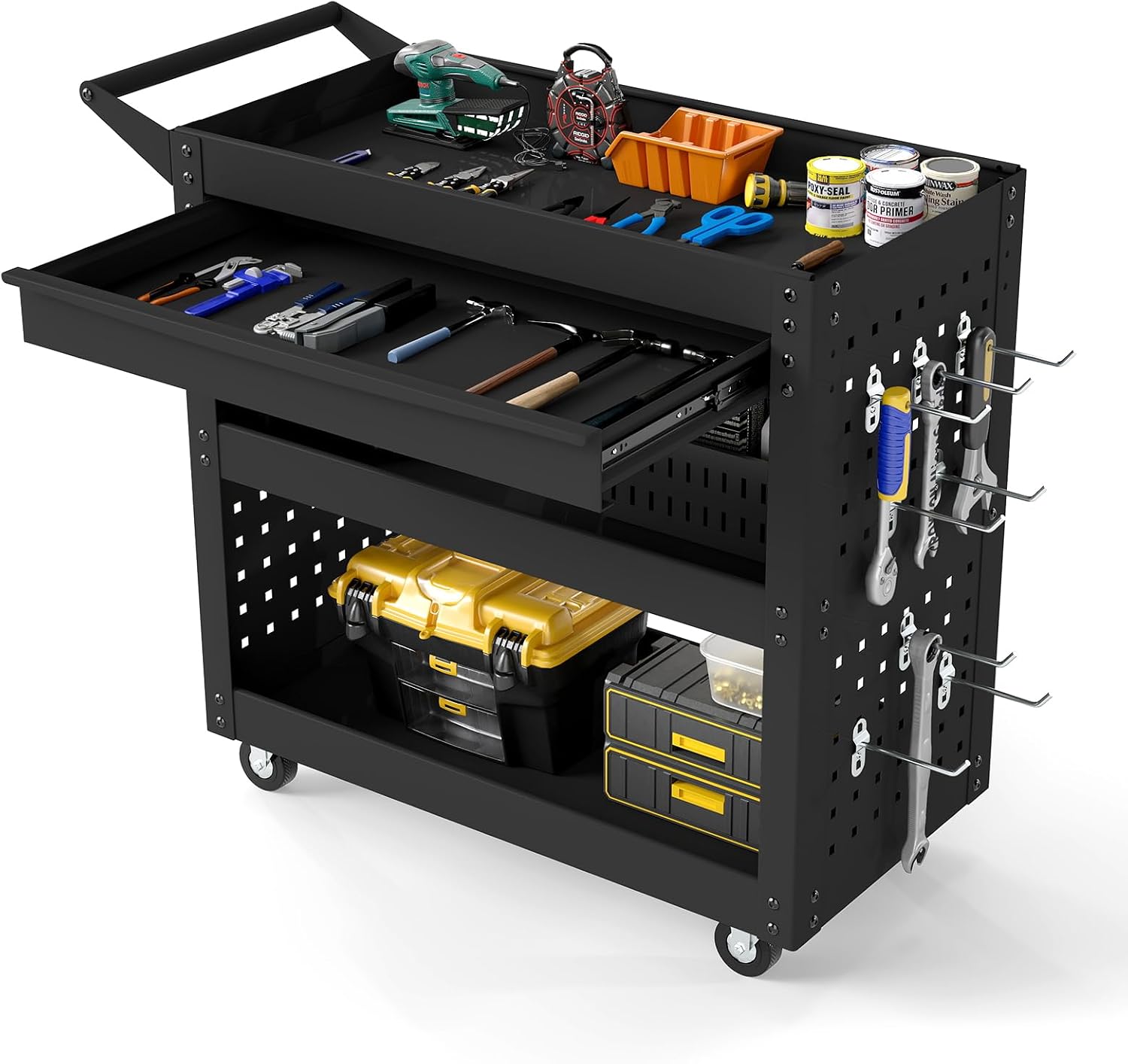 COSTWAY 3-Tier Tool Trolley on Wheels, Lockable Metal Mechanic Tool ...