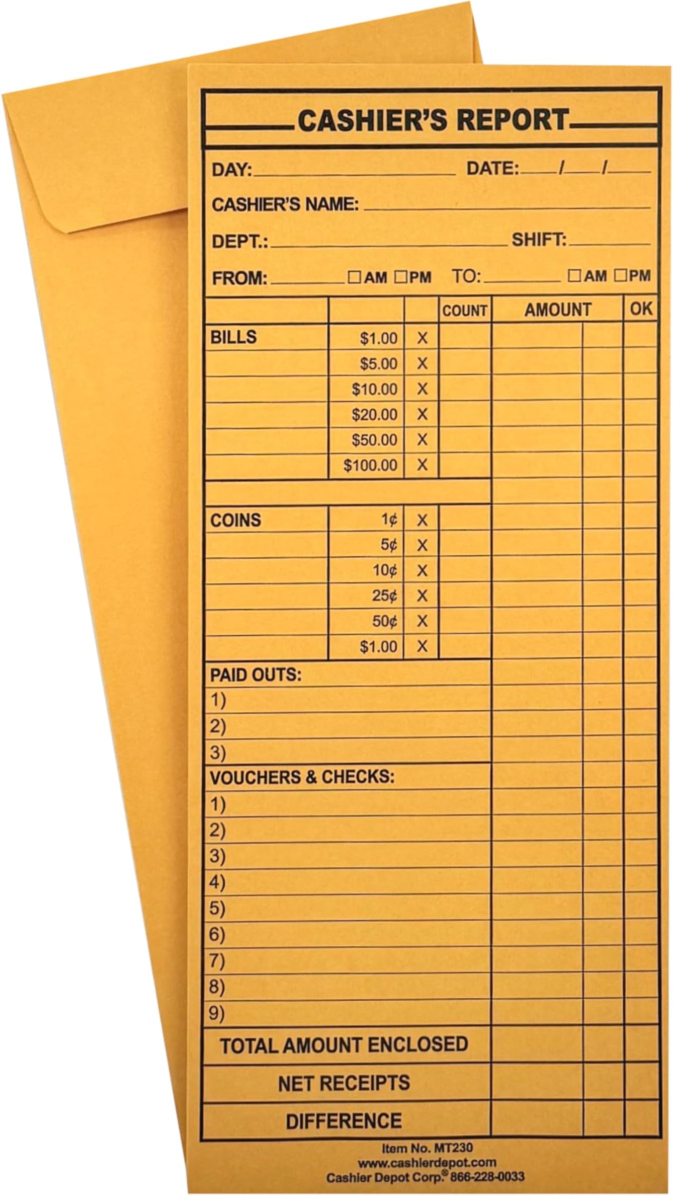 Amazon.com : 2500 Cashier Depot MT230 Cashier's Report Envelope, 4 1/2 ...