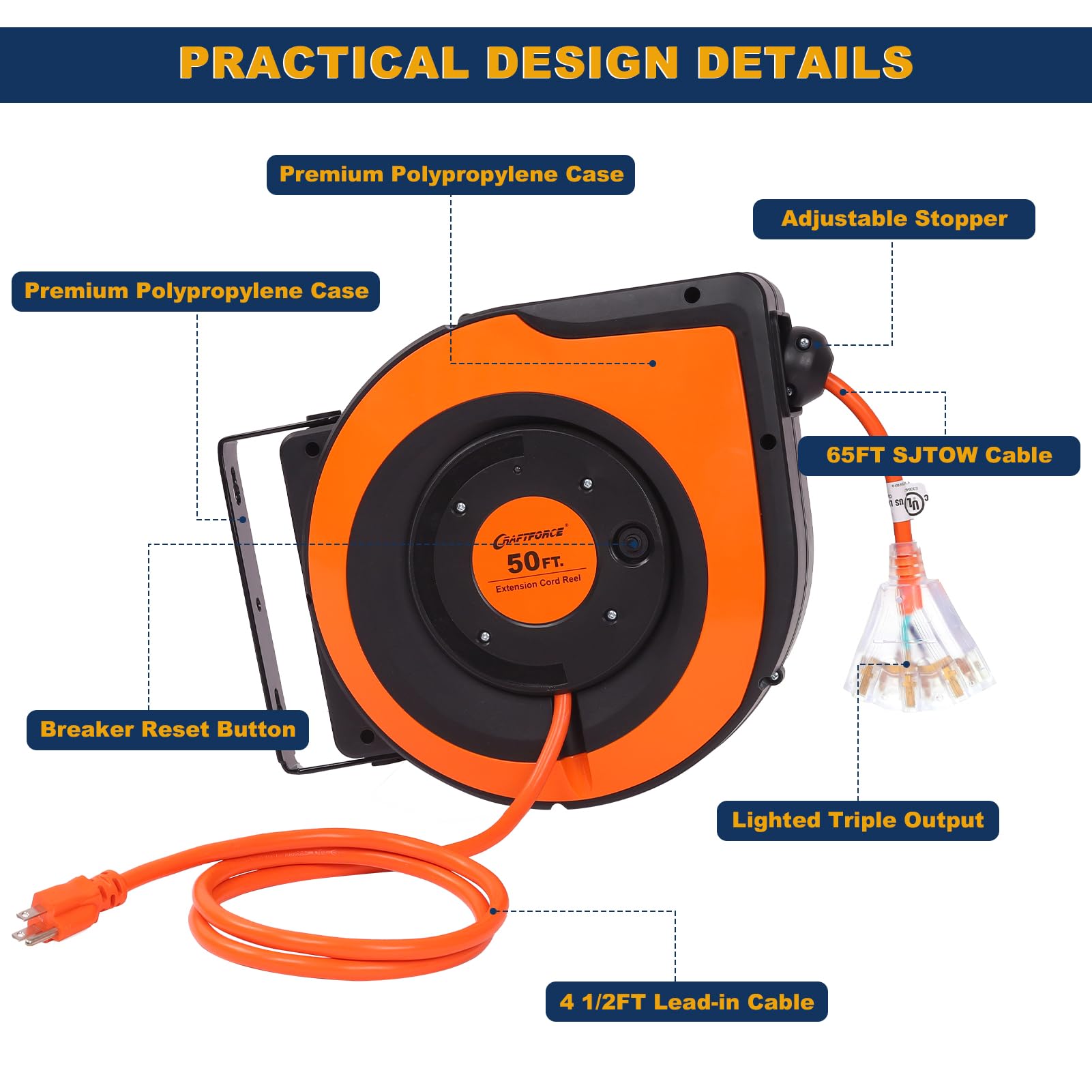Snapklik.com : CRAFTFORCE Retractable Extension Cord Reel, 50 FT 12AWG ...