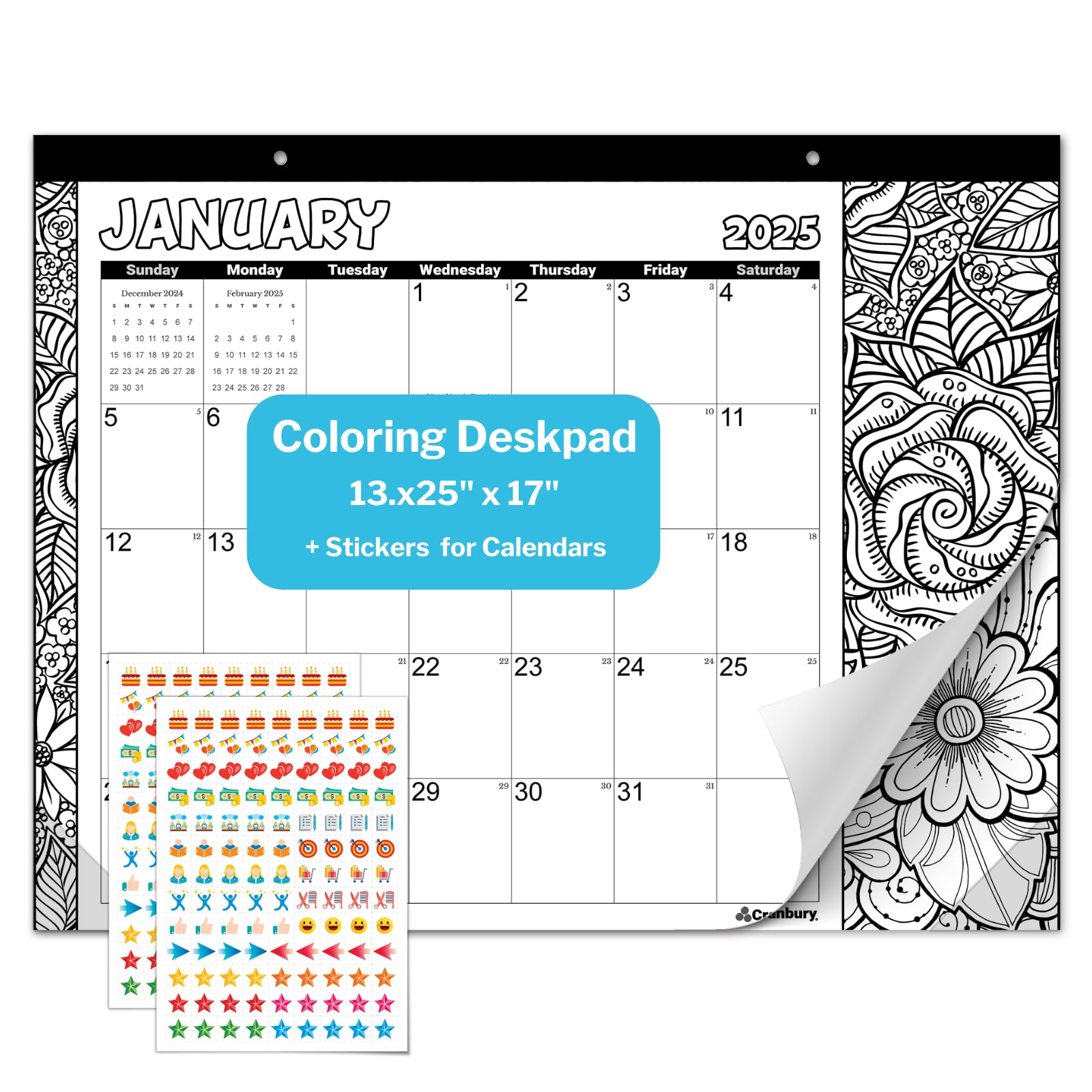 Snapklik.com : Coloring Desk Calendar 2025, 1325x17" Doodle Deskpad ...