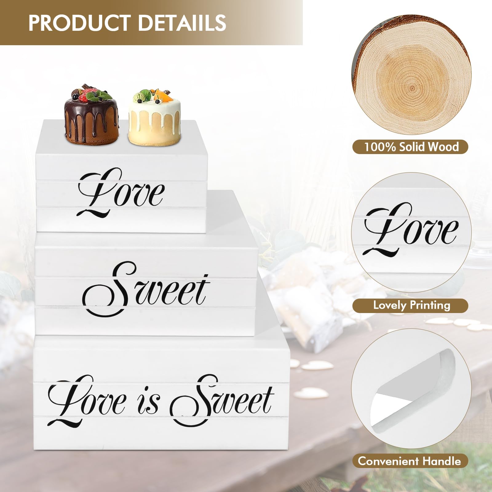 3 Pcs Wood Cupcake Display Stand with Handles, Decorative Square Cake ...