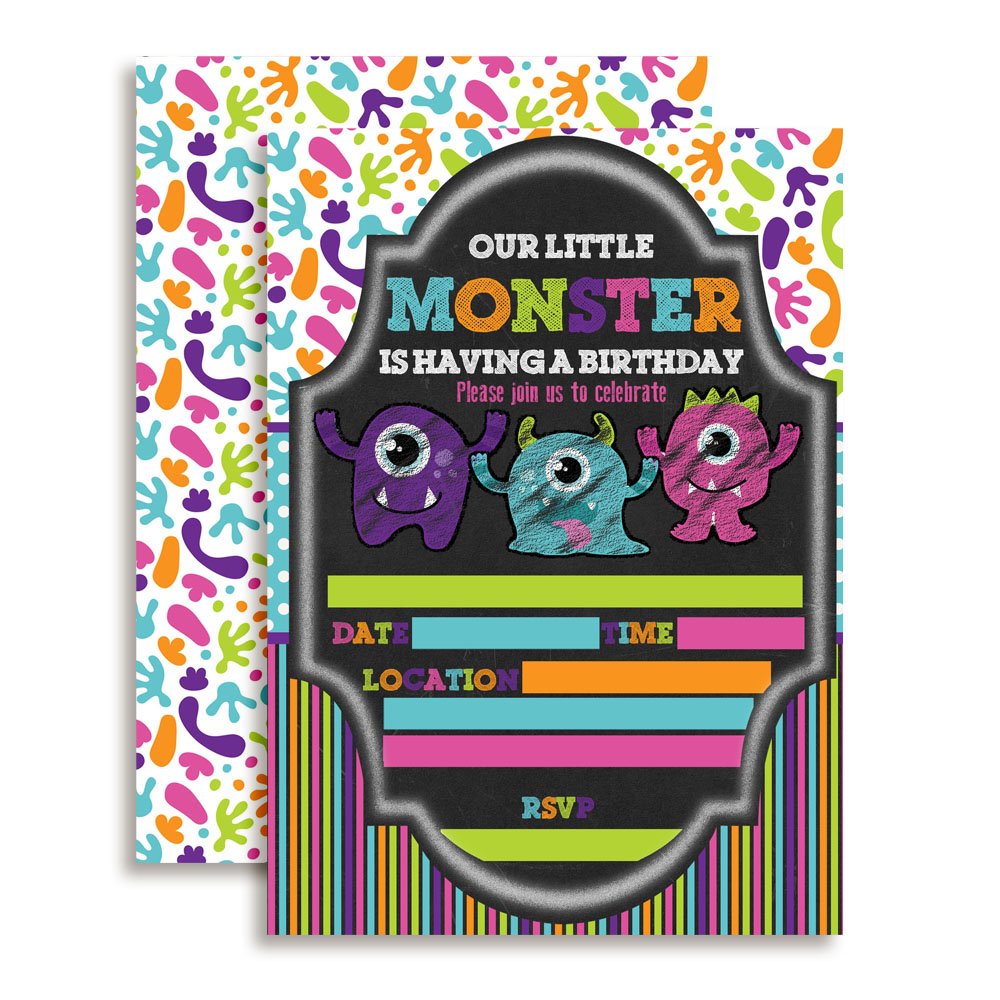 Amazon.com : Chalkboard Monster Birthday Party Invitations, 20 5"x7 ...