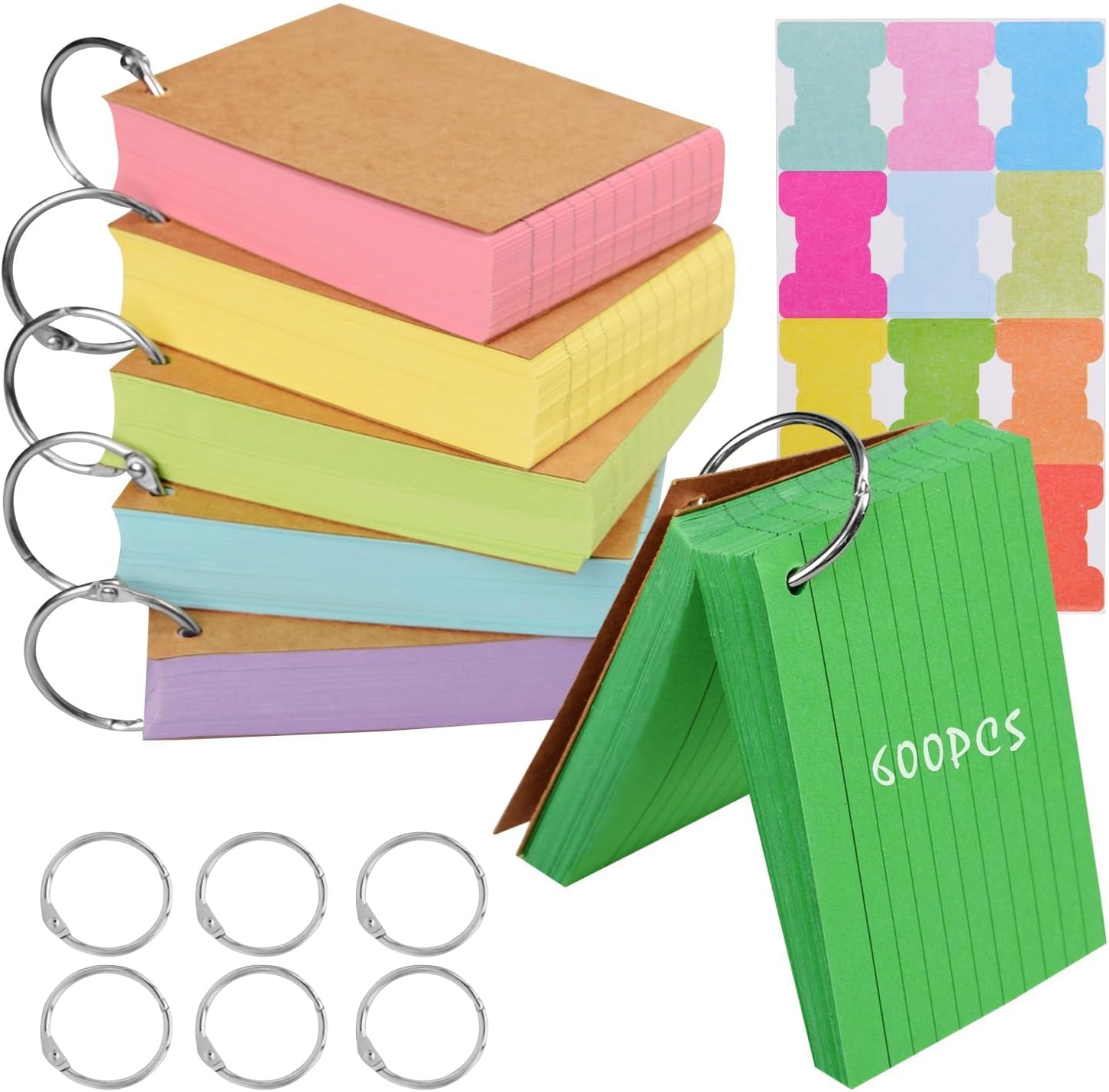Amazon.com: VAKKI Index Cards, 600PCS Colored Flash Cards with Rings ...
