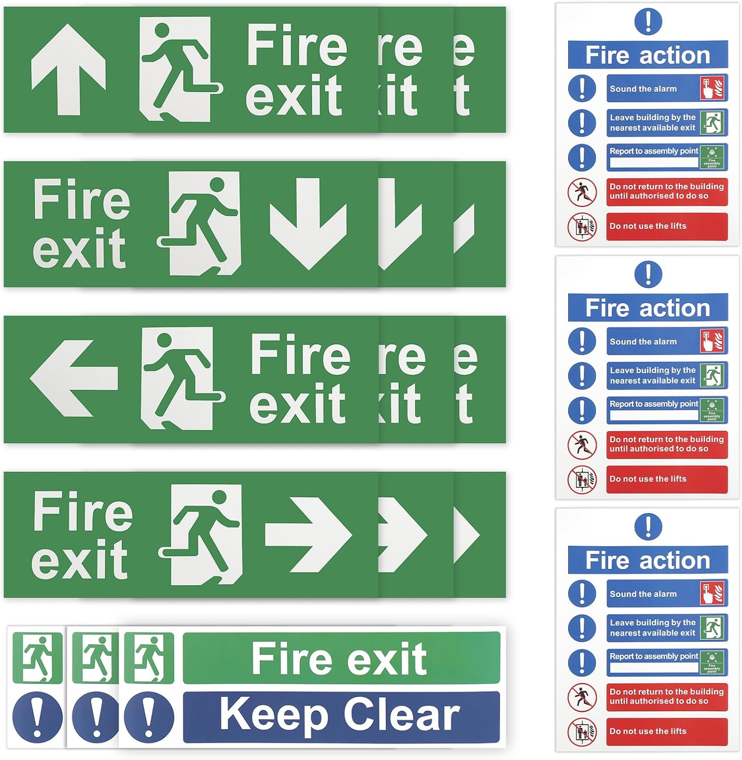 Fire Exit Sign Set, 21 PCS Self Adhesive Fire Safety Signs (Right, Left ...