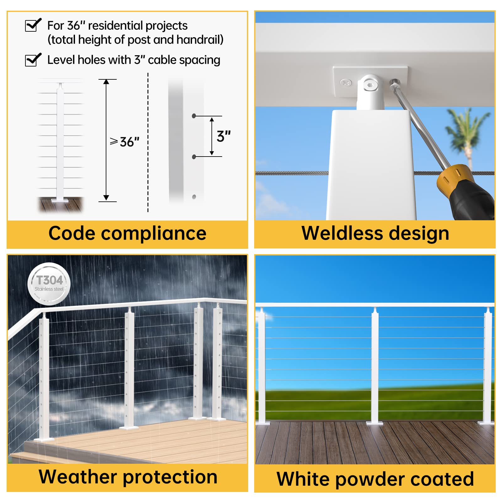 Muzata Level drilled White Cable Railing Post 36"x2"x2"Adjustable Top ...