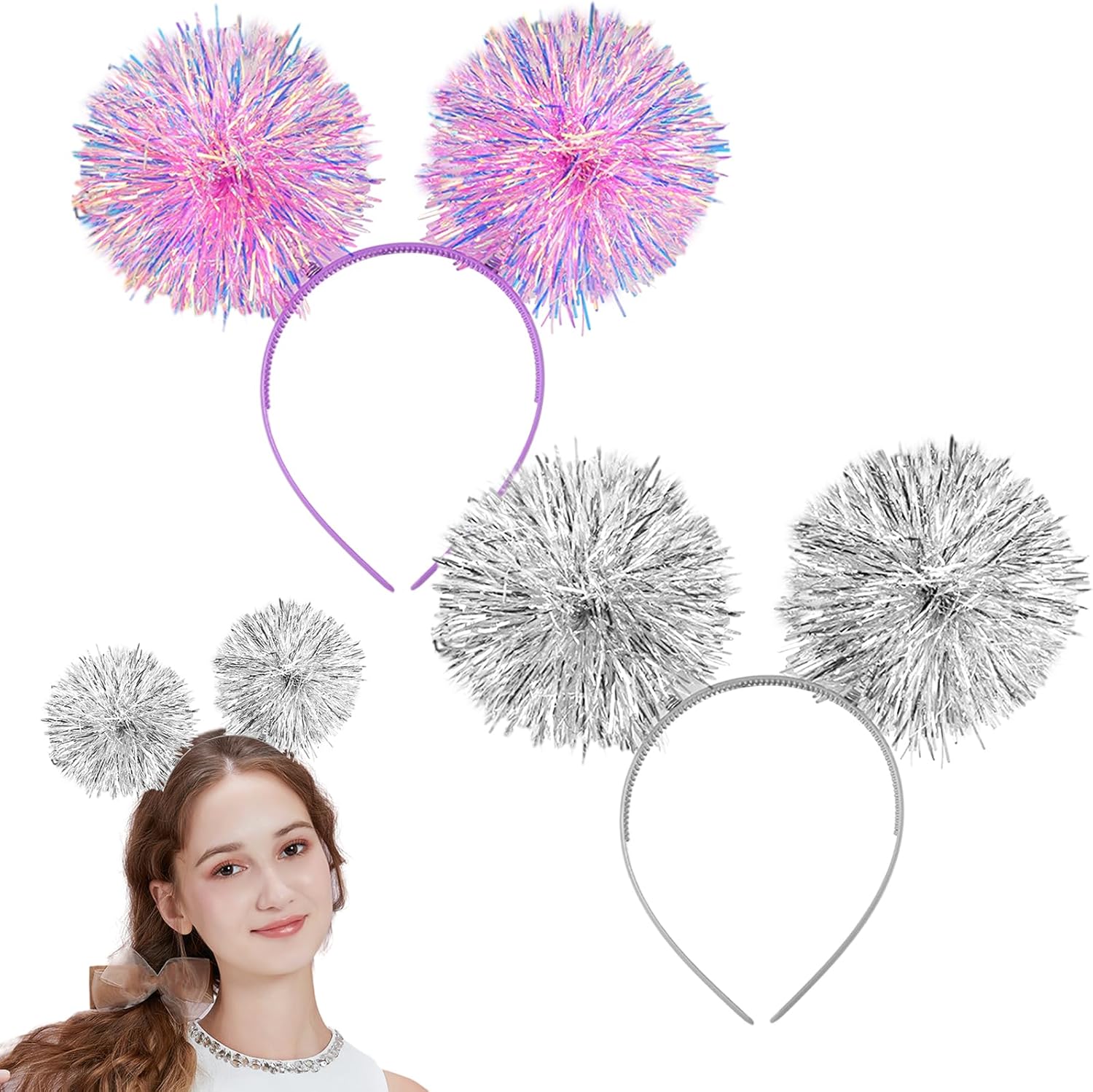 2 Pcs Pom Pom Headband, Christmas Tinsel Head Bopper Party Ball Hair ...