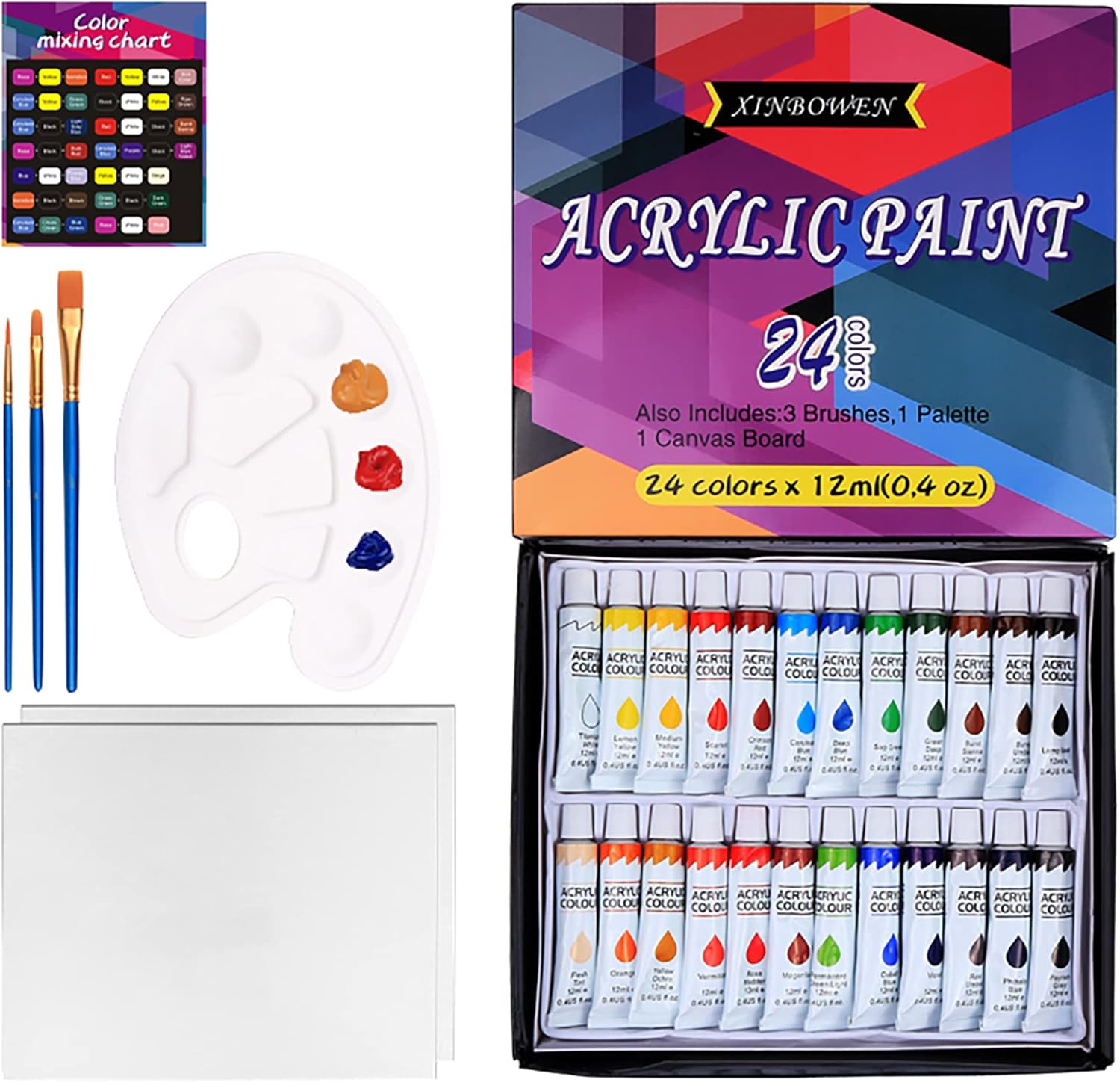 Amazon.com: Acrylic Paint Set,24(12ml/0.4oz) Paint Kit with 3 Art ...