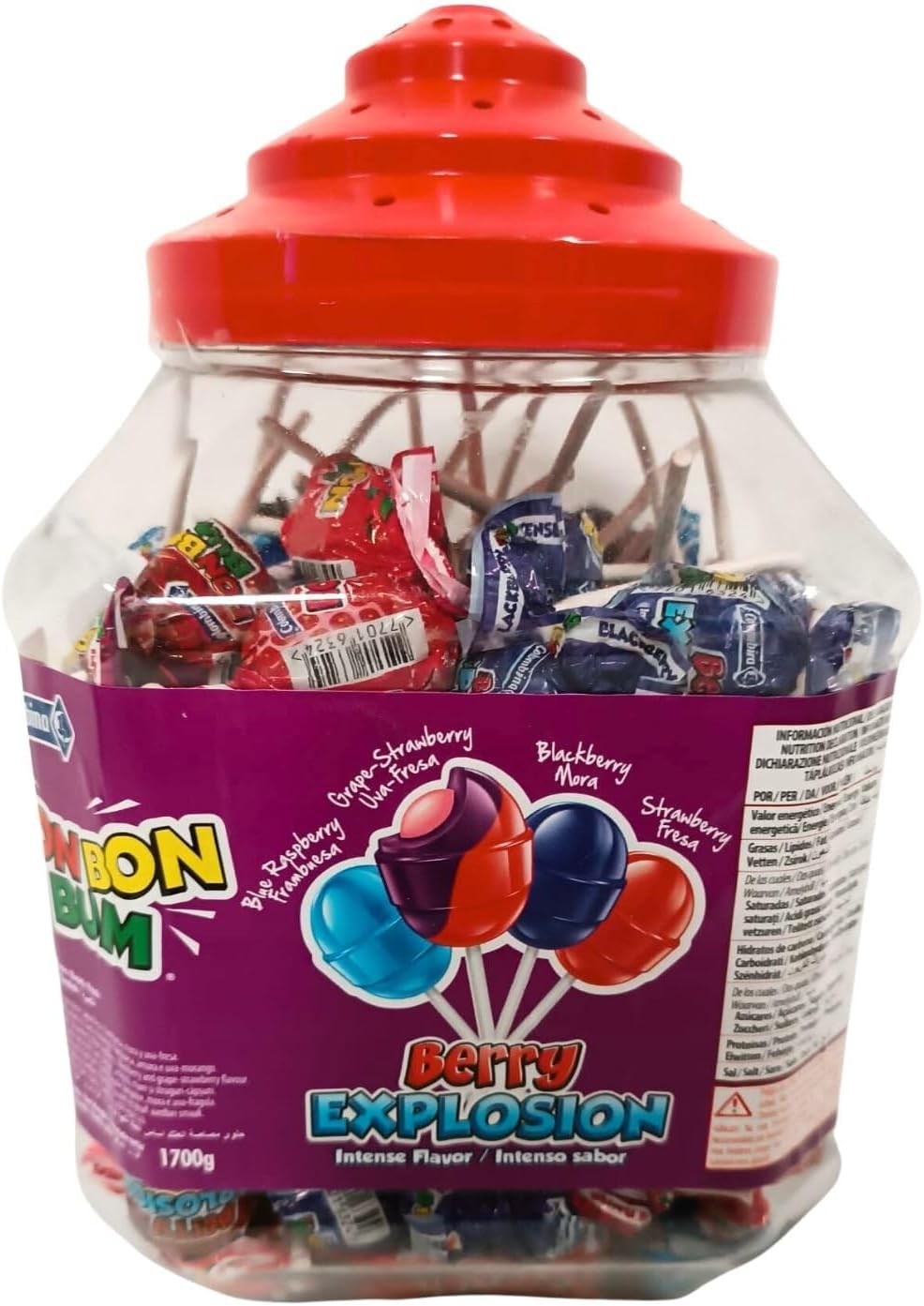 Colombina Bon Bon Bum Berry Explosion Lollipops with Bubble Gum, Jar of ...