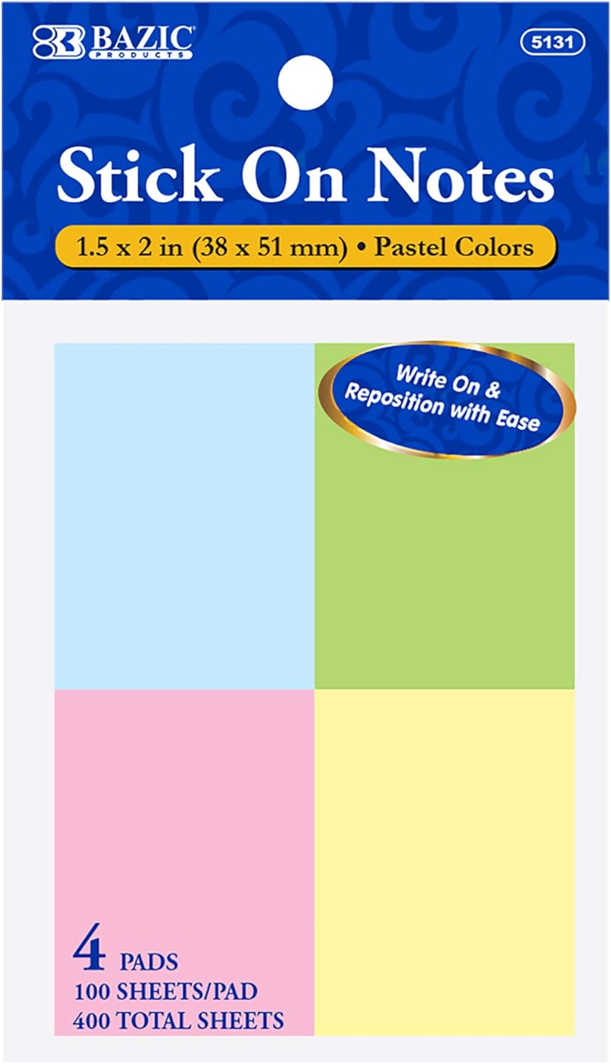 Amazon.com: BAZIC 1.5" X 2" Stick On Notes, Bright Assorted Colors ...