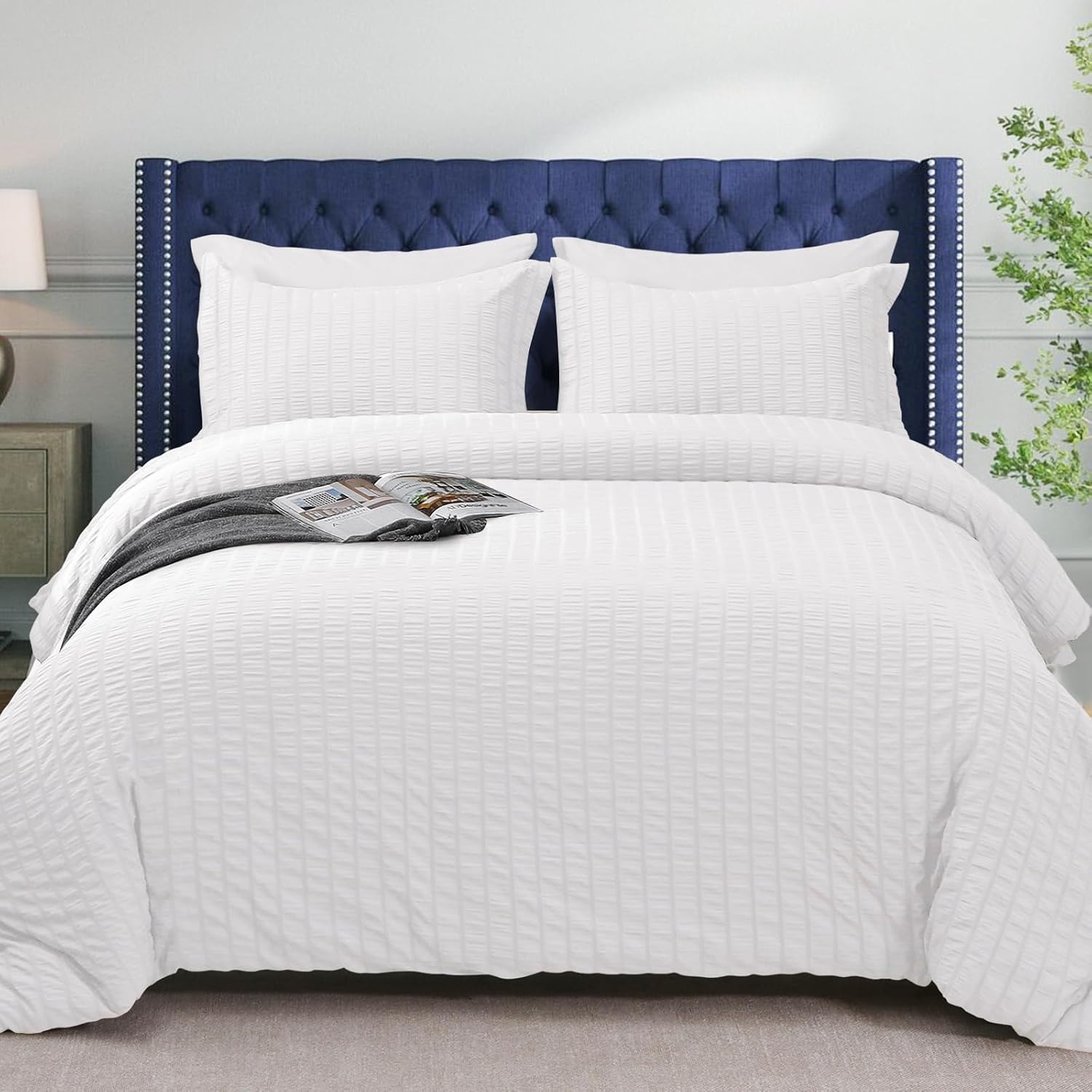 HYMOKEGE Duvet Cover Double 3 Pieces, White Seersucker Duvet Cover Set ...