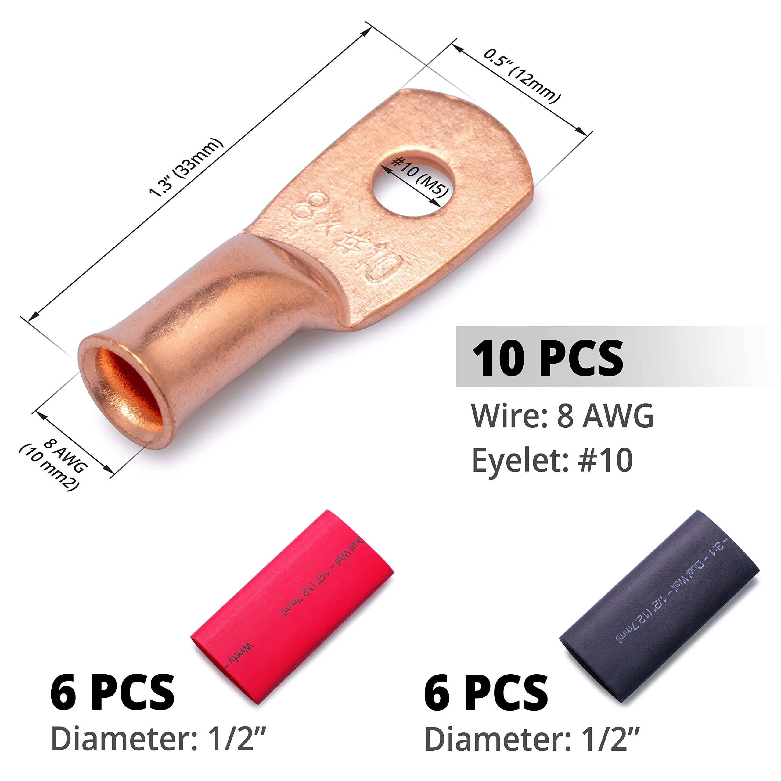 Snapklik.com : 8 Gauge #10 Wire Lugs - Copper Cable Lugs - Battery Wire ...