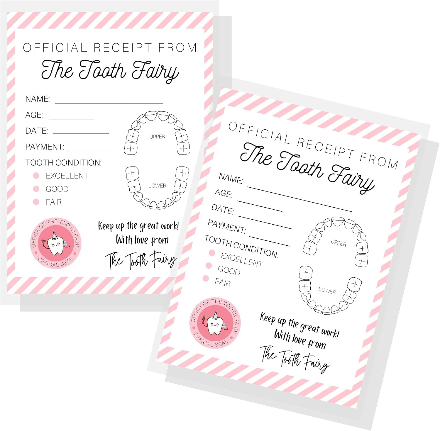 Amazon.com : Tooth Fairy Receipt Cards with Pink Stripes | 40 Pack | 4 ...