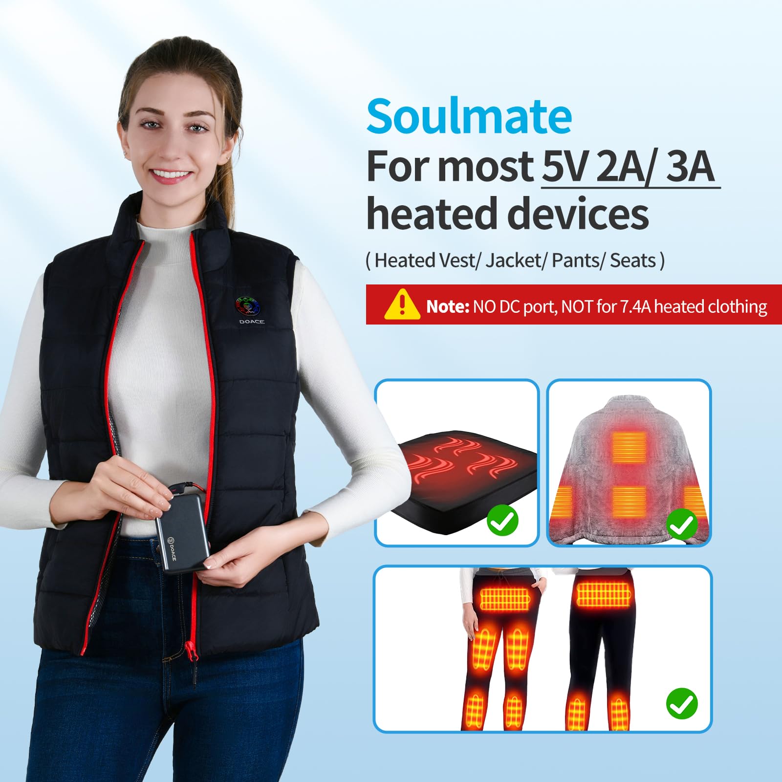 Snapklik.com : DOACE 5V 2A/ 5V 3A Battery Pack For Heated Vest/Jacket ...