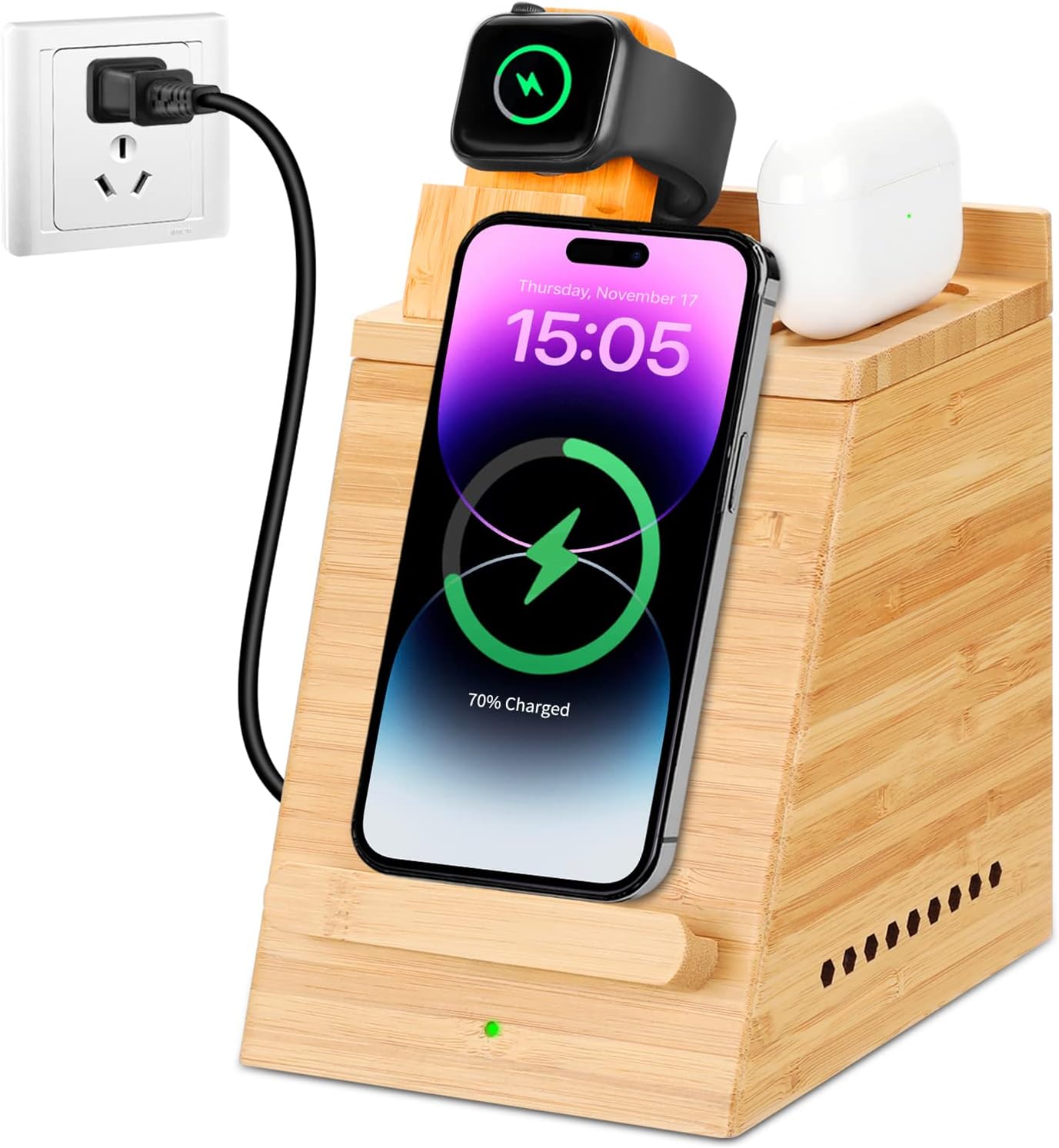 Amazon.com: HI-QUAL Apple Watch Stand,Natural Bamboo Wood Charging ...