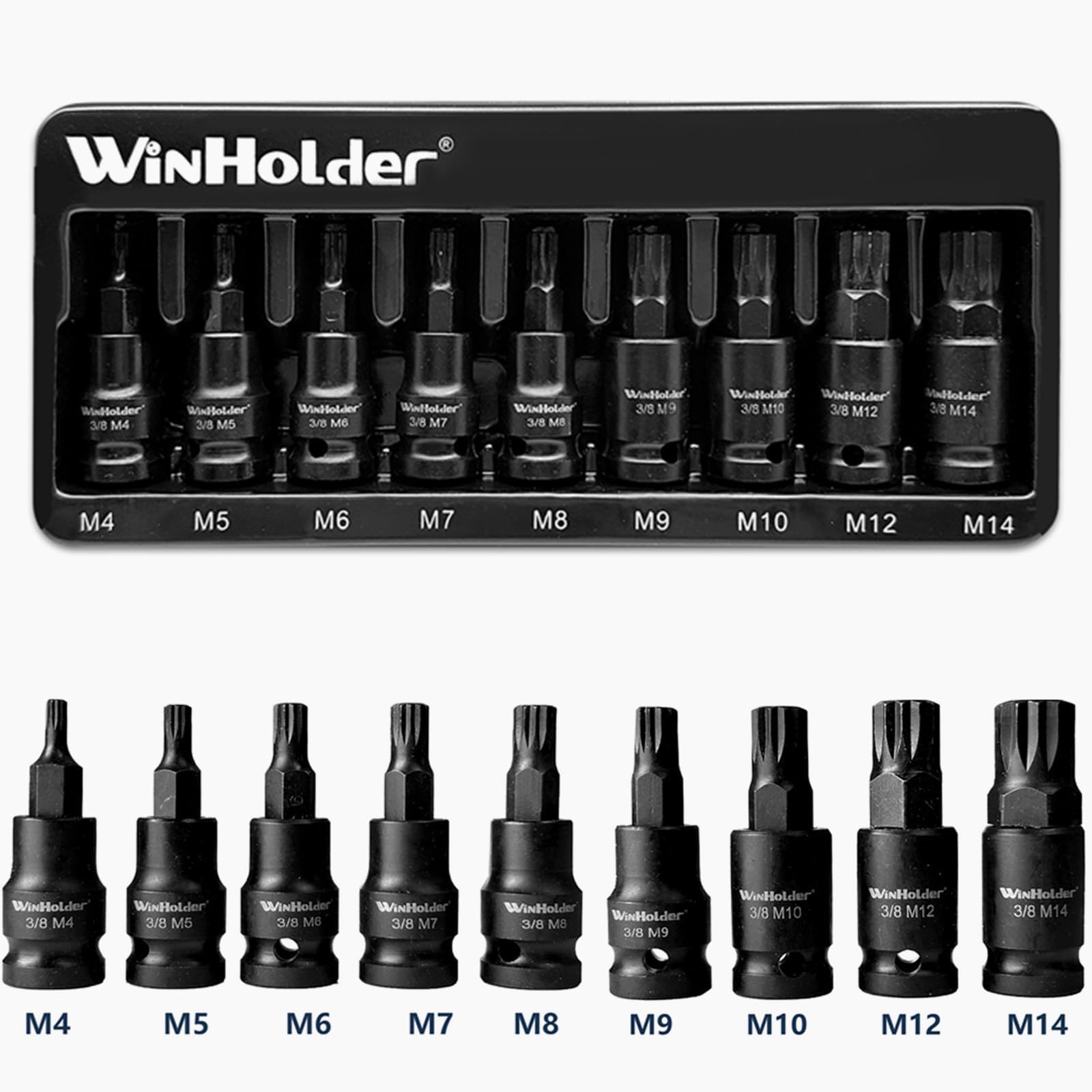 WinHolder Impact Spline Bit Sockets Set, 3/8" Drive, M4 - M14 Spline ...