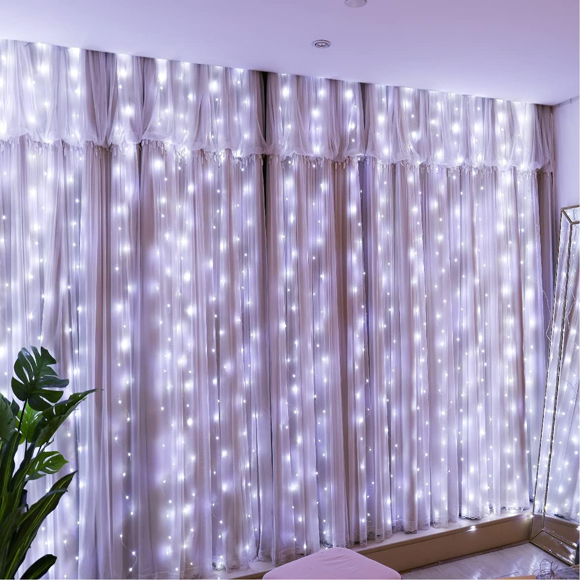HXWEIYE 300LED White Fairy Curtain Lights, 3mx3m USB Powered 8 Modes ...