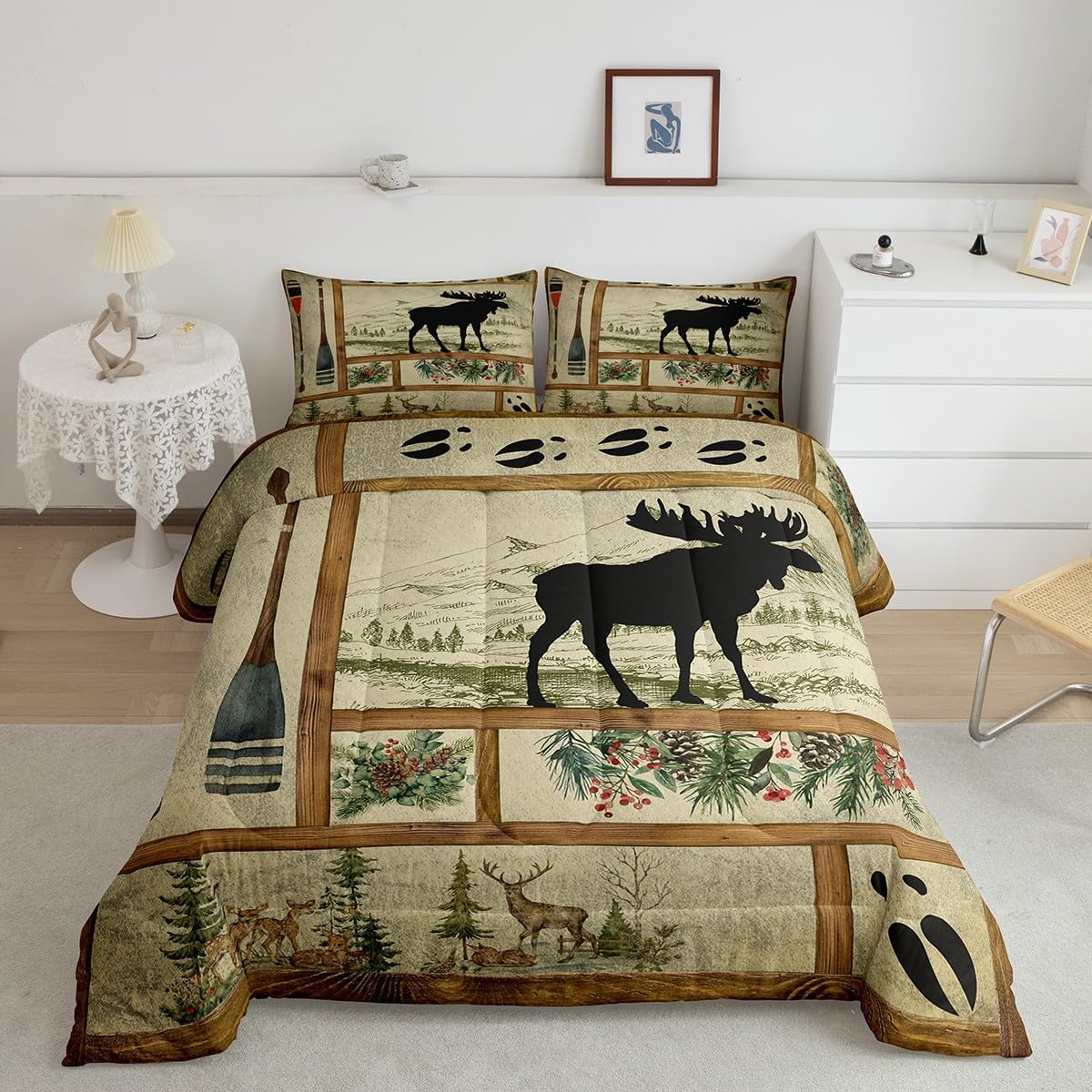 Retro Cabin Lodge Decor Comforter Set Full, Rustic Farmhouse Moose ...