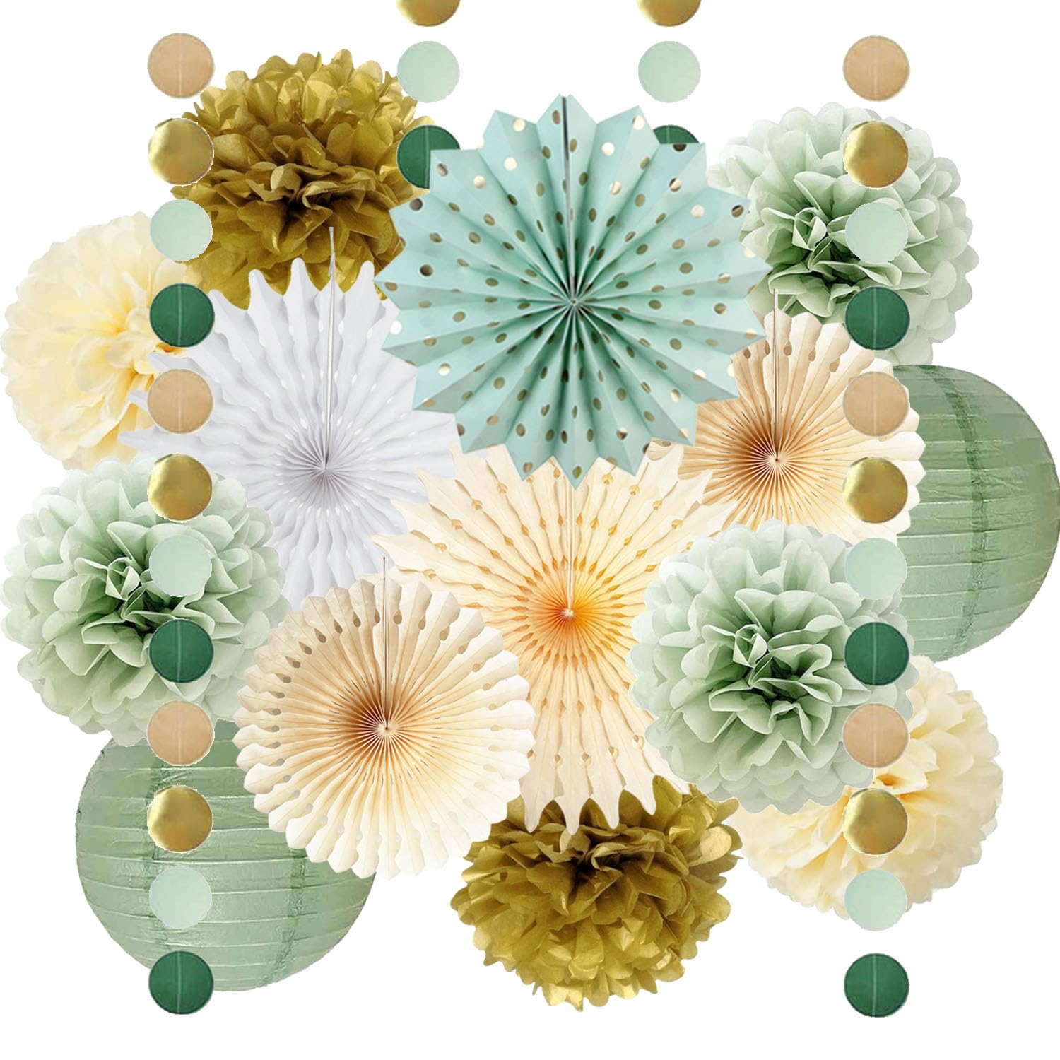 Sage Green Party Decorations Sage Green and Gold Paper Pom Poms Flowers ...