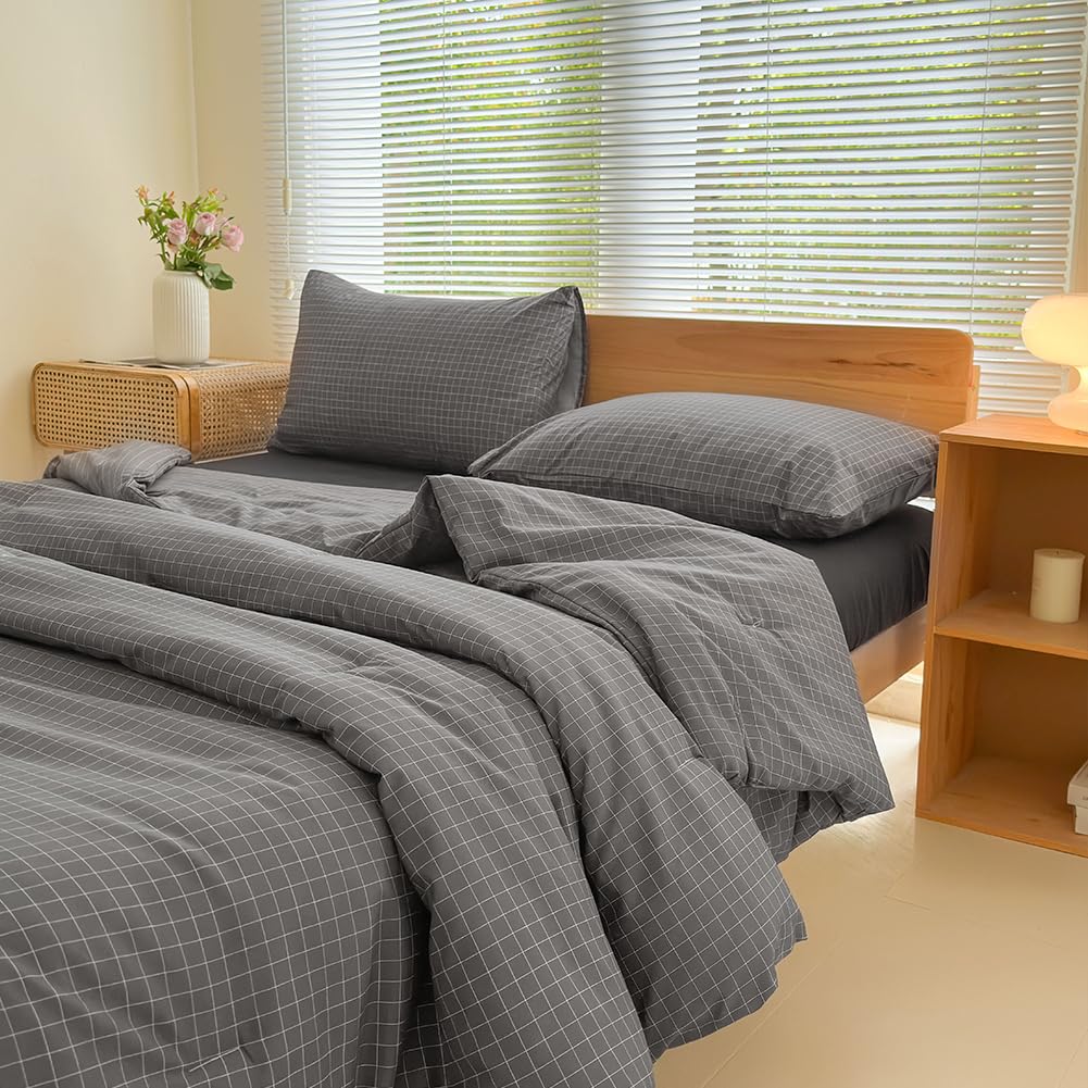 Amazon.com: NSNLGSGC Queen Comforter Set, Dark Gray Plaid Bedding ...