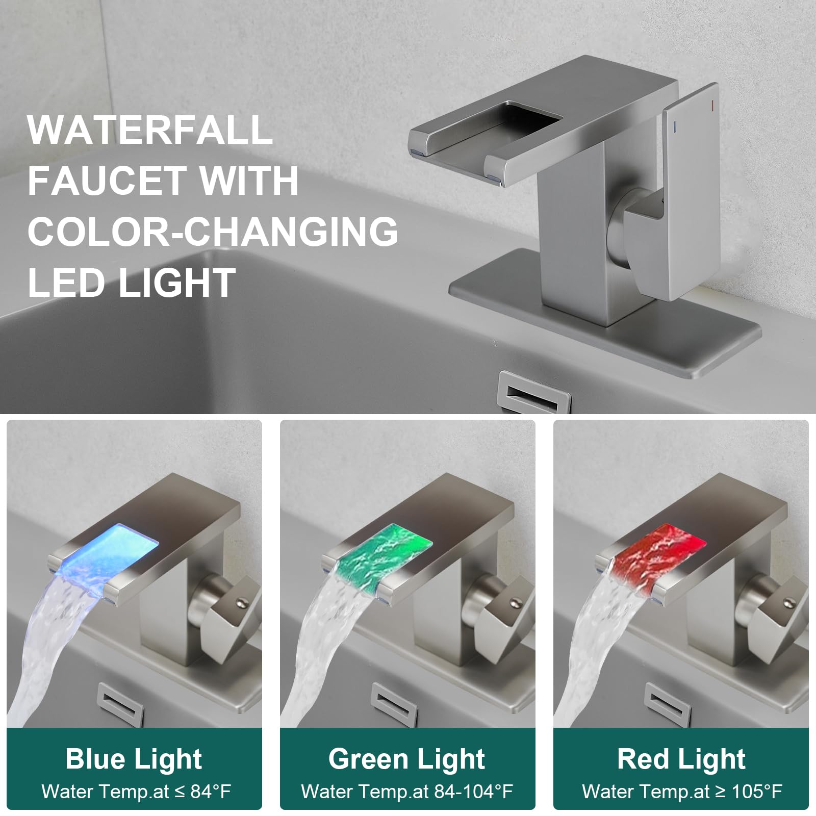 Snapklik.com : LED Waterfall Bathroom Faucet, 1 Handle 1 Hole Bathroom ...