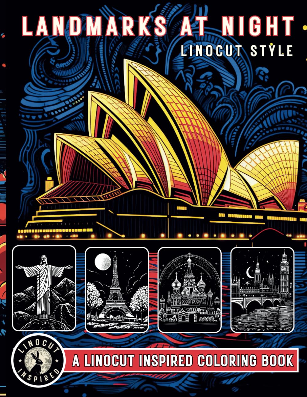 Amazon.com: World Landmarks at Night Coloring Book in Linocut Print ...